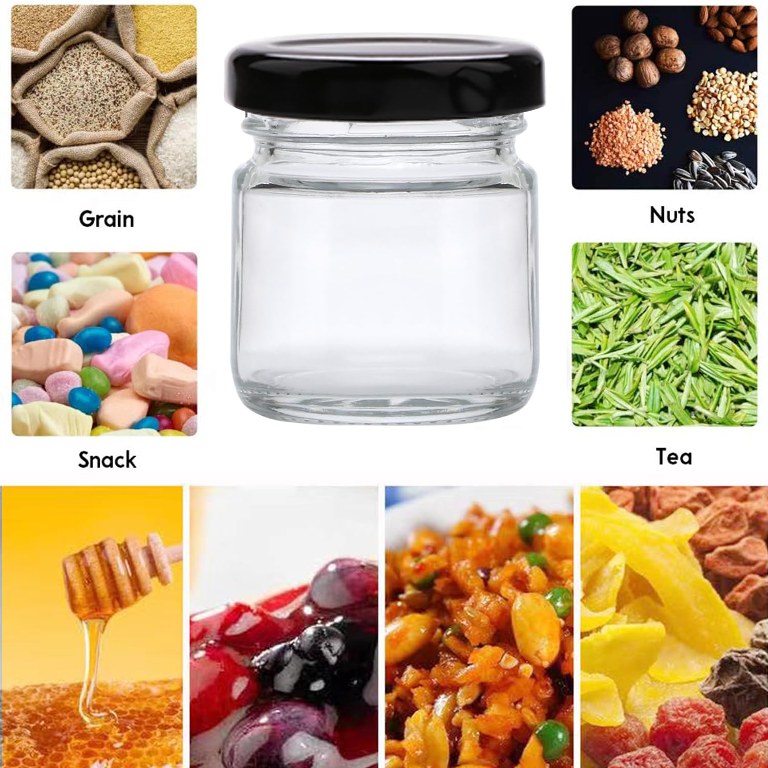 QAPPDA 1.5oz Mini Glass Jars with Black Lids,Round Small Honey Jars 70 ...
