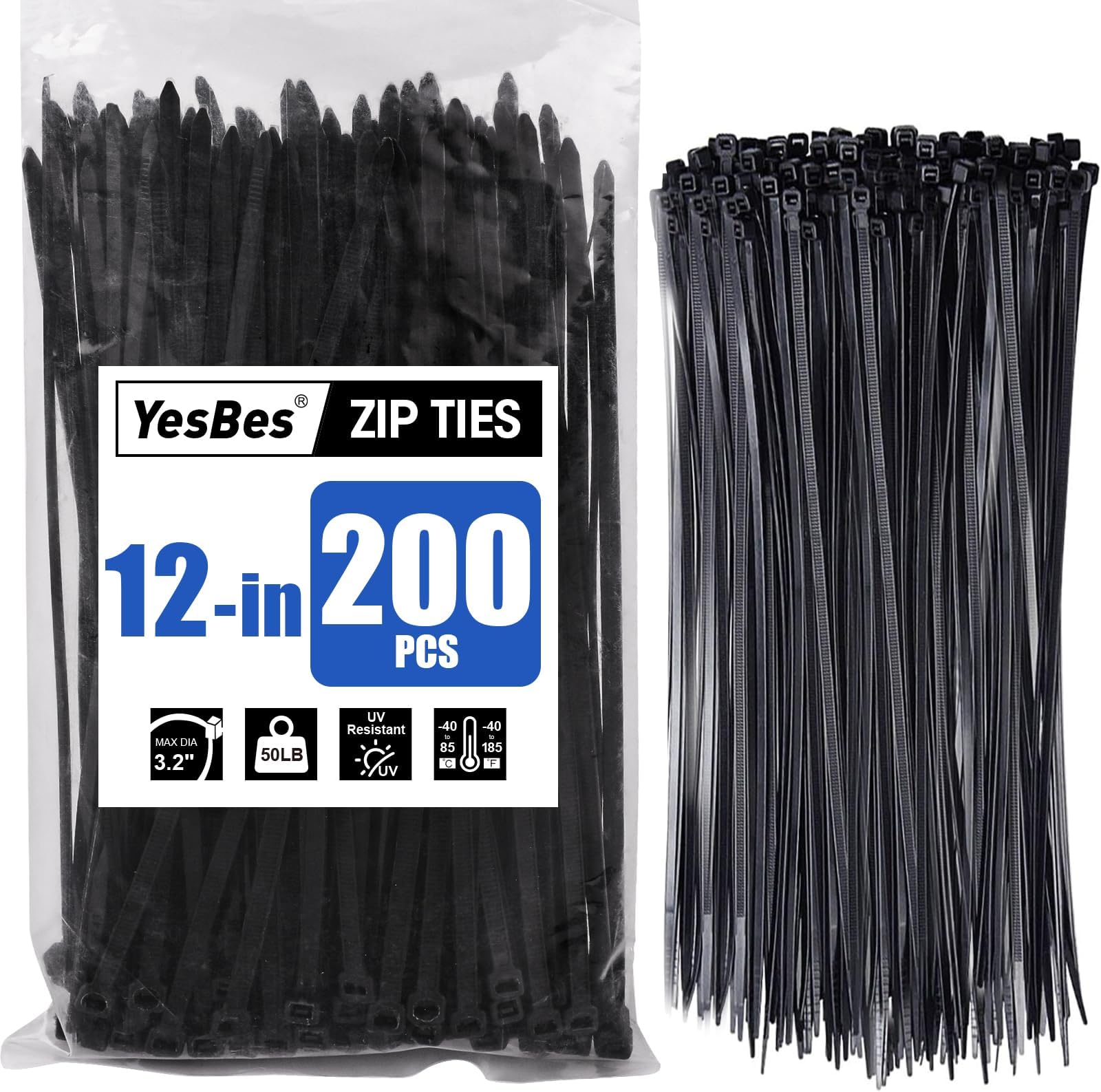 Amazon.com: 200pcs 12 inch Zip Cable Ties, 120lbs Tensile Strength ...