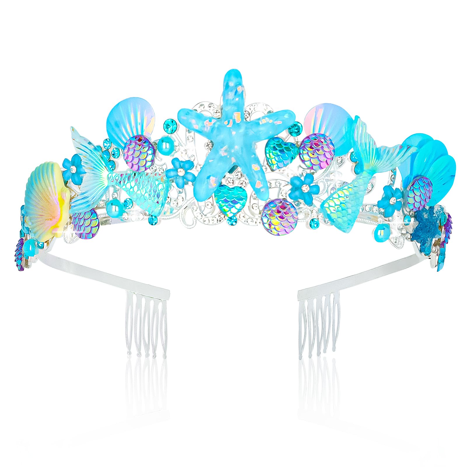 Amazon.com: CIEHER Mermaid Blue Starfish Tiara Shell Crowns for Women ...