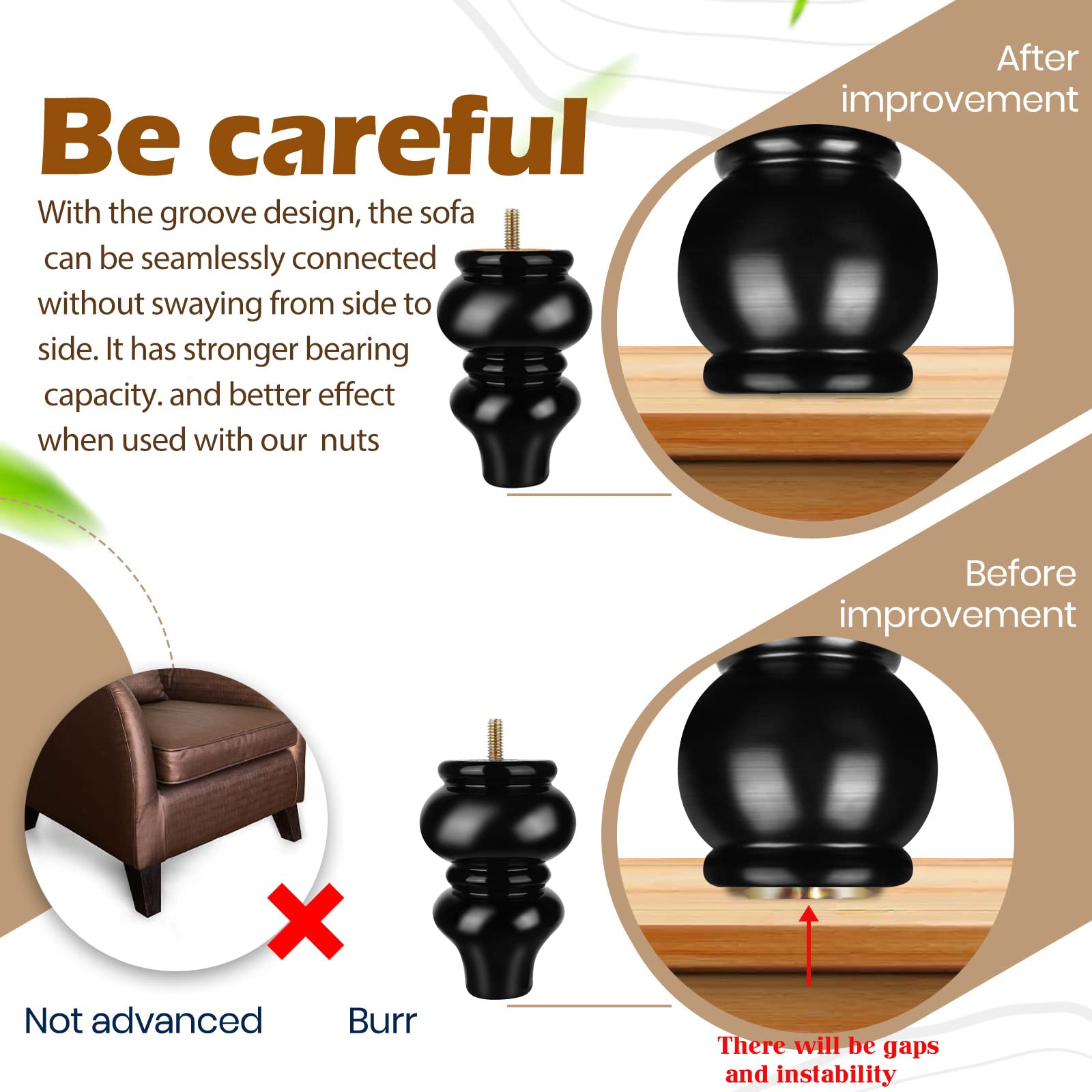 Wood Furniture Legs Black,Couch Legs 5 inch Round,Sofa Legs Set of 4 ...