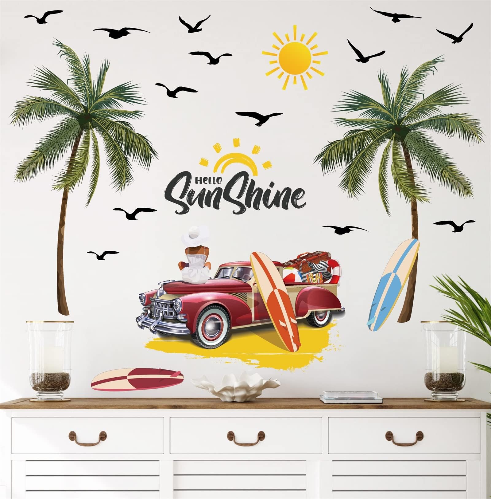 Amazon.com: Palm Tree Wall Decals Watercolor Tropical Sea Waves Seagull ...