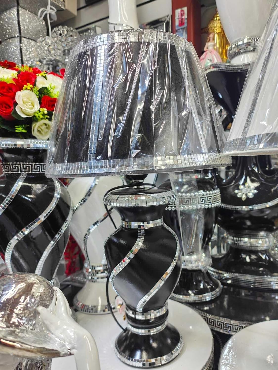 Biznest Black Silver Glitter Crushed Diamond Table Lamp with Shade ...