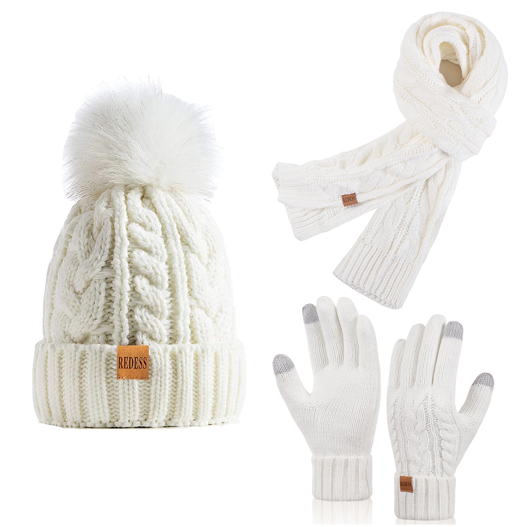 REDESS Womens Winter Knitted Beanie Hat Warm Fleece Lined with Pompom ...