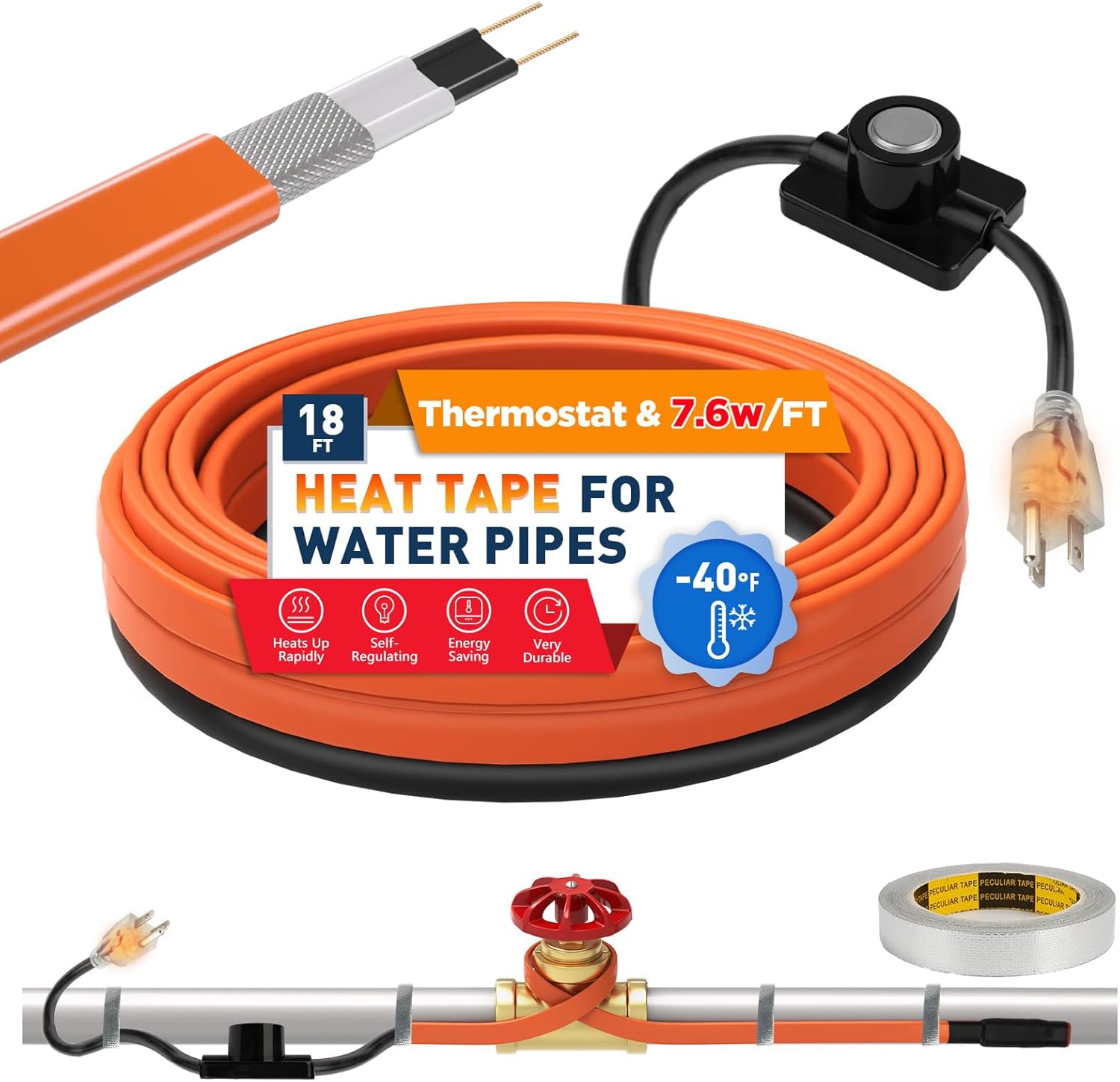 6FT ~ 100FT Heat Tape for Water Pipes with Thermostat Self-Regulating ...