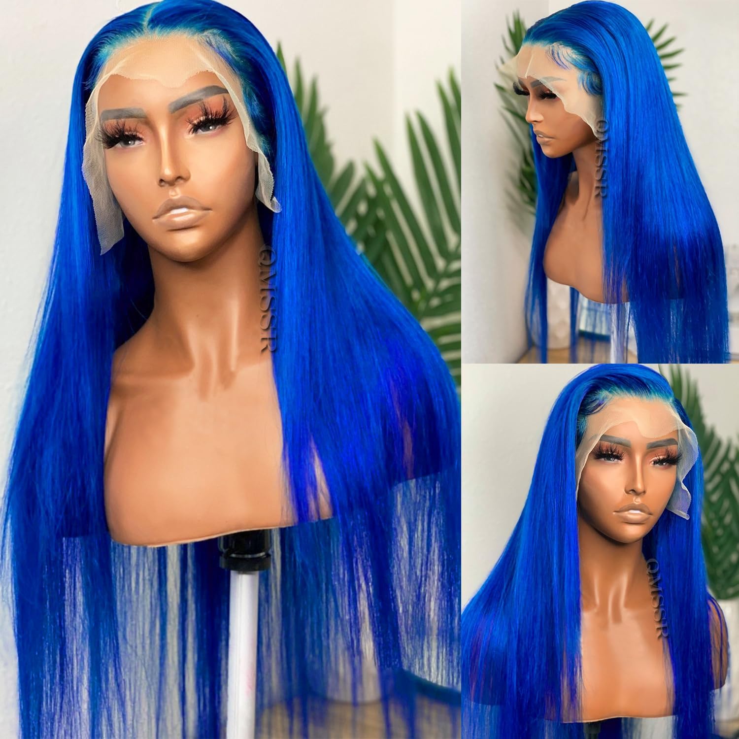 Amazon.com : QMSSR Blue Color Long Straight Hair Synthetic Lace Front ...