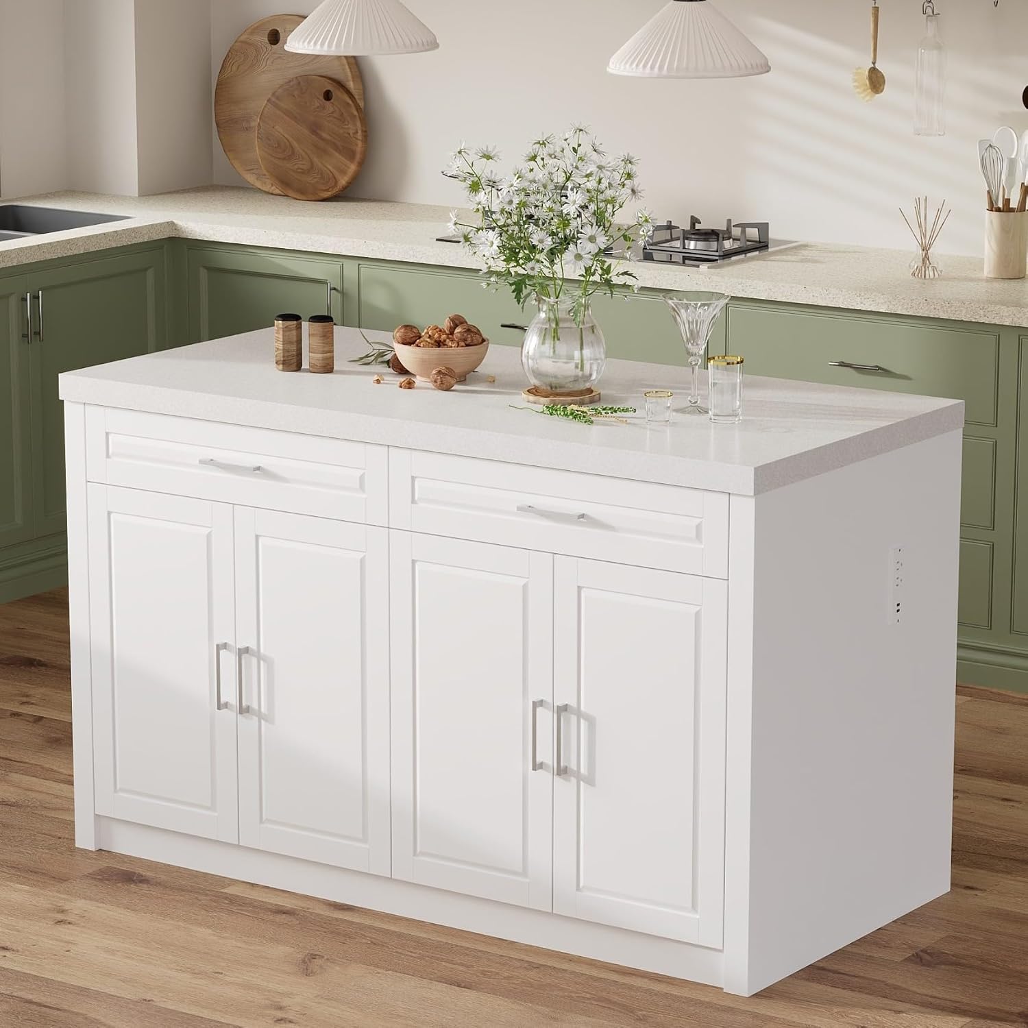 Amazon.com: Timechee 60 inch W Large White Kitchen Island with Power ...
