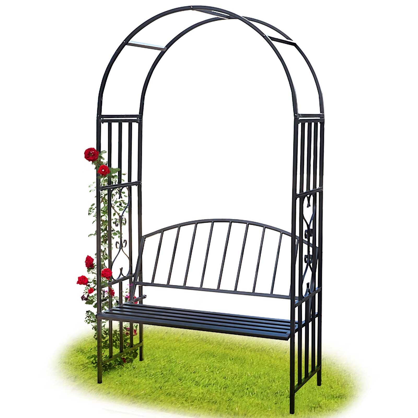 Buy LBSI Black Metal Garden Arch With Gate/Seat Classic Garden Arch for ...