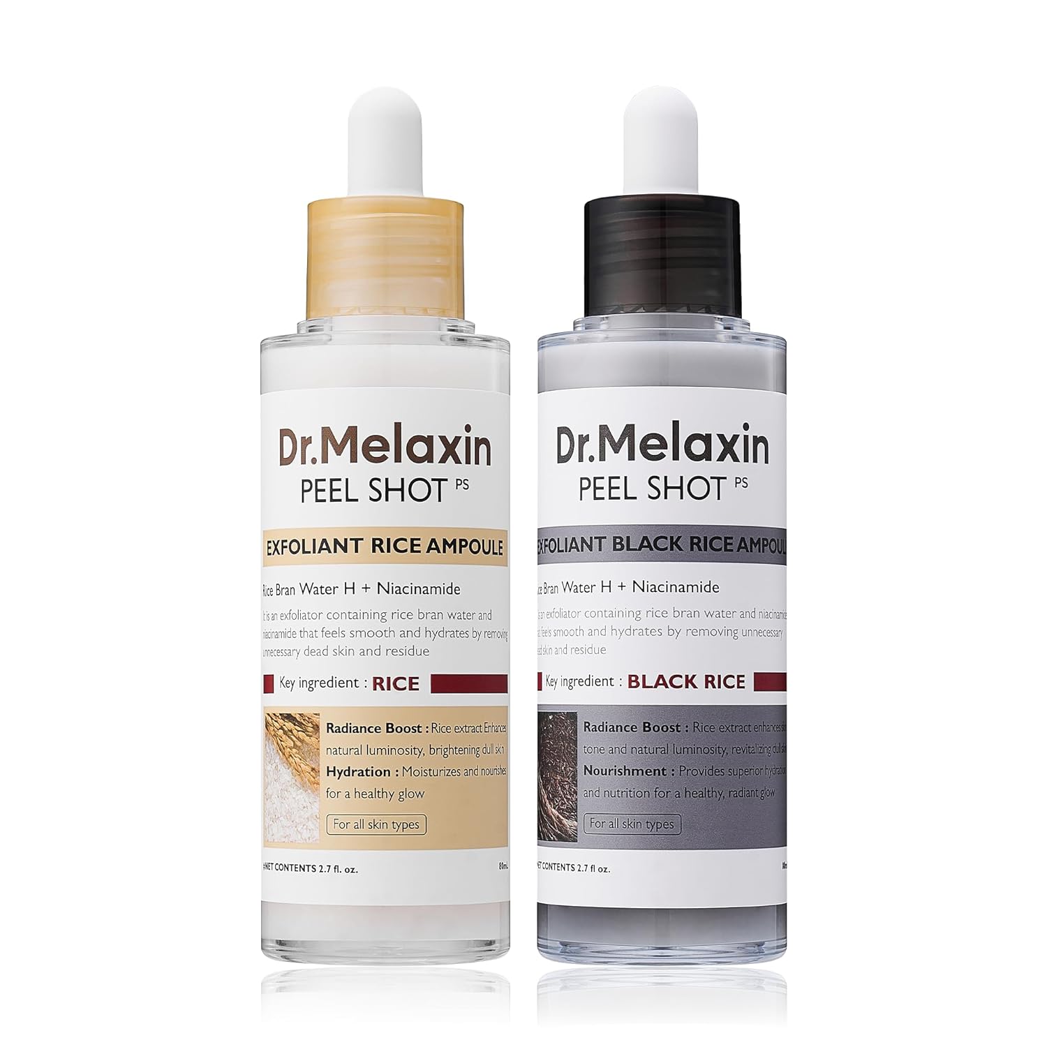 Amazon.com: Dr.Melaxin Peel Shot Glow White and Black Rice Ampoule Duo, Soft Exfoliating Face ...