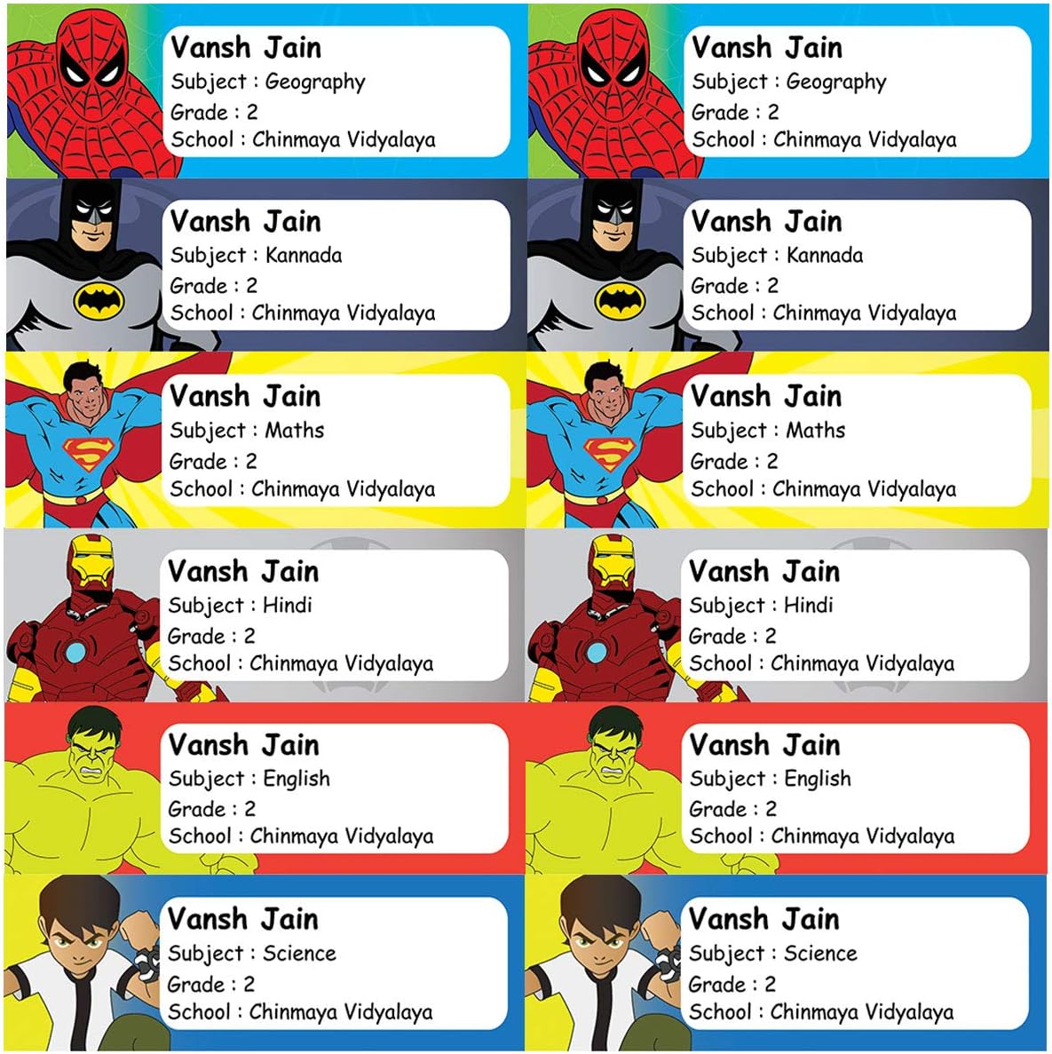 Smile Labels Personalised Book Name Label Stickers for Kids, Superheros ...