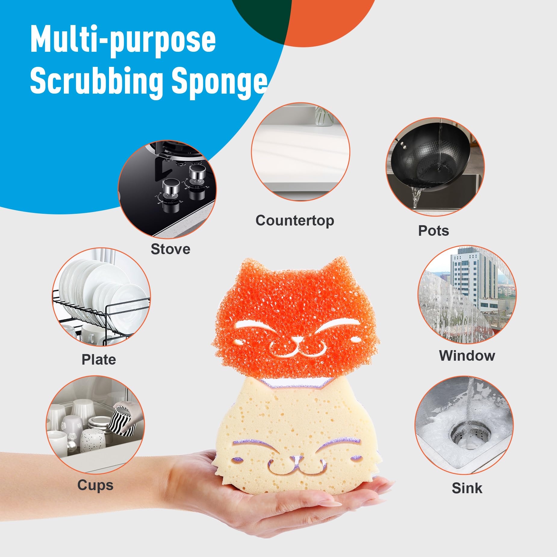 Non-scratch Cleaning Sponges 3-Pack Cute Cat Face Scrub Sponges ...