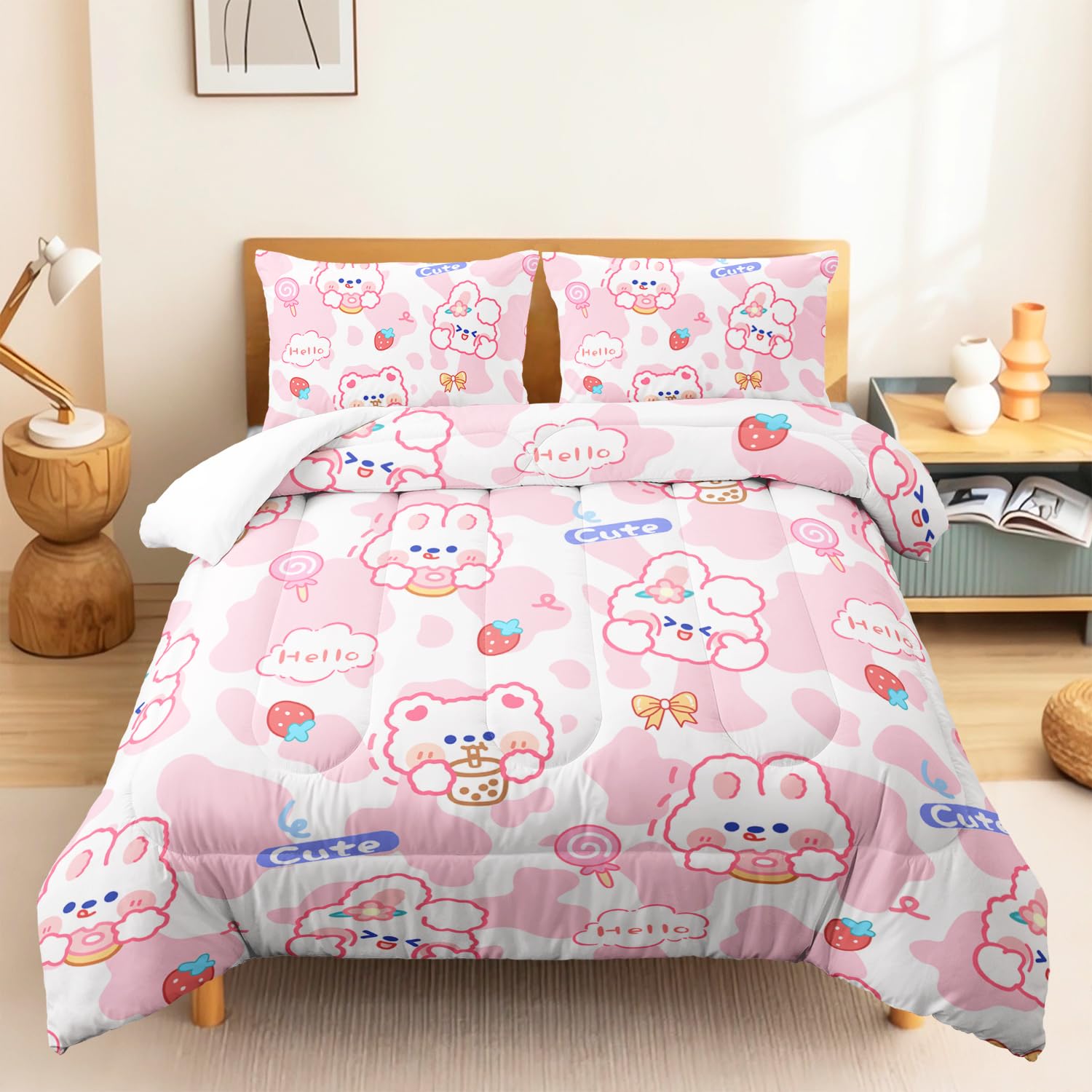 Amazon.com: CVHOUSE Kawaii Rabbit Comforter Set Twin Size,Kawaii ...