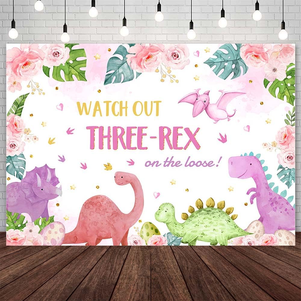 Amazon.com : AIBIIN 7x5ft Dinosaur 3rd Birthday Backdrop for Girls ...
