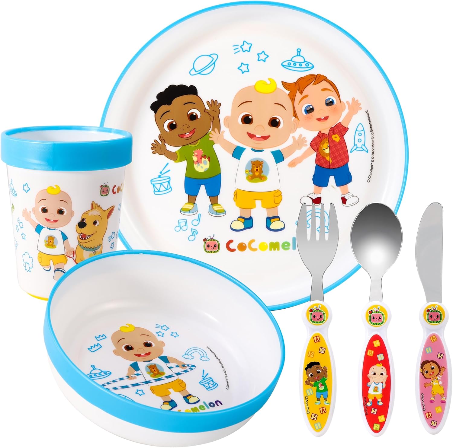 Cocomelon Kids 6 Piece Reusable Dinner Set - Plate/Bowl/Cup/Knife/Fork ...
