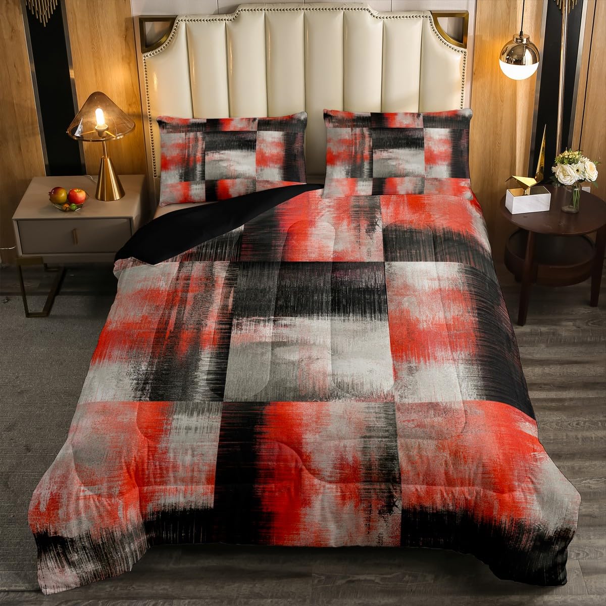 Amazon.com: Red And Black Grey Comforter Set Twin Watercolor Patchwork ...