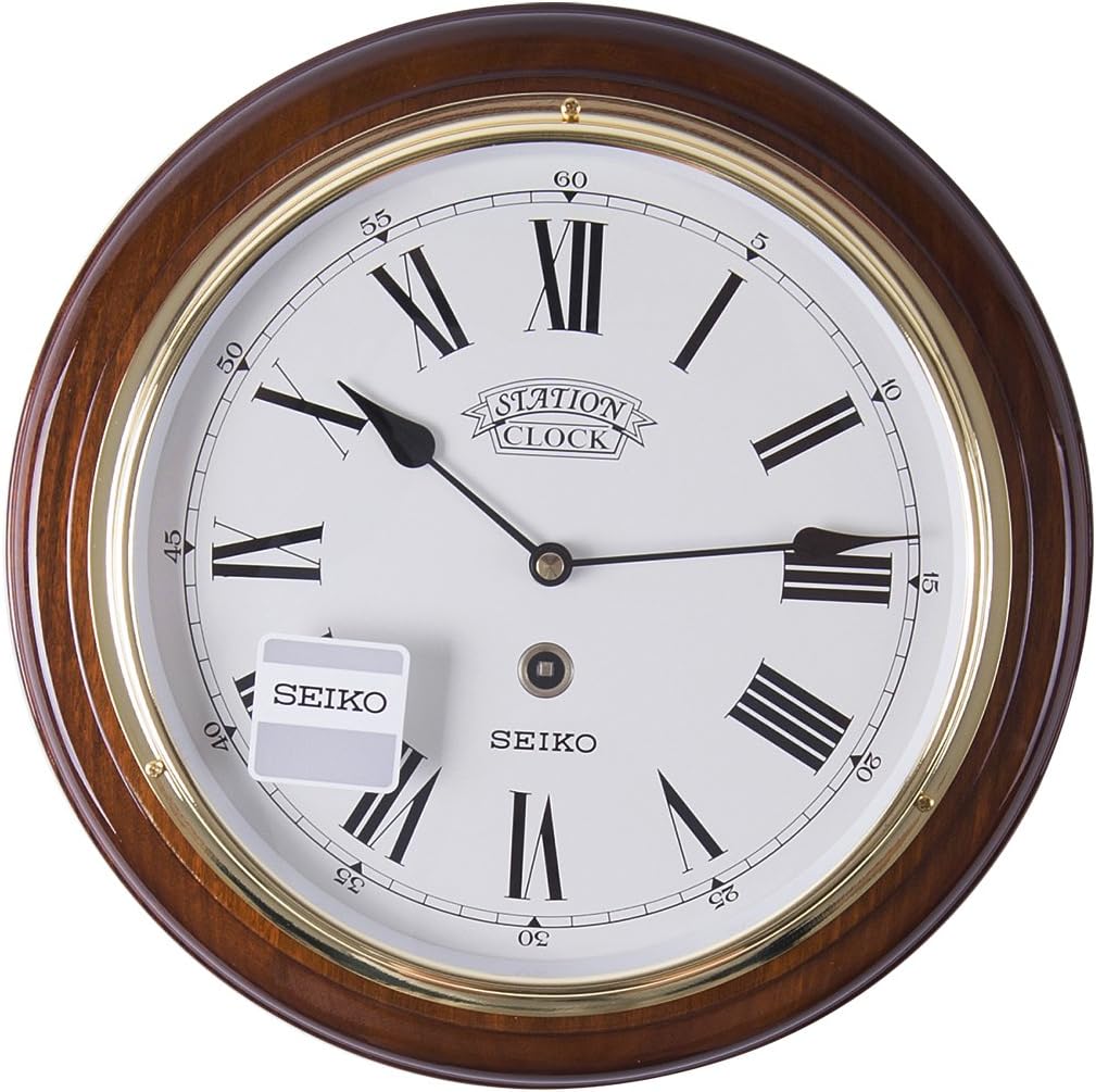 Seiko Dark Wooden Quartz/Battery Round Station Wall Clock with Gold ...