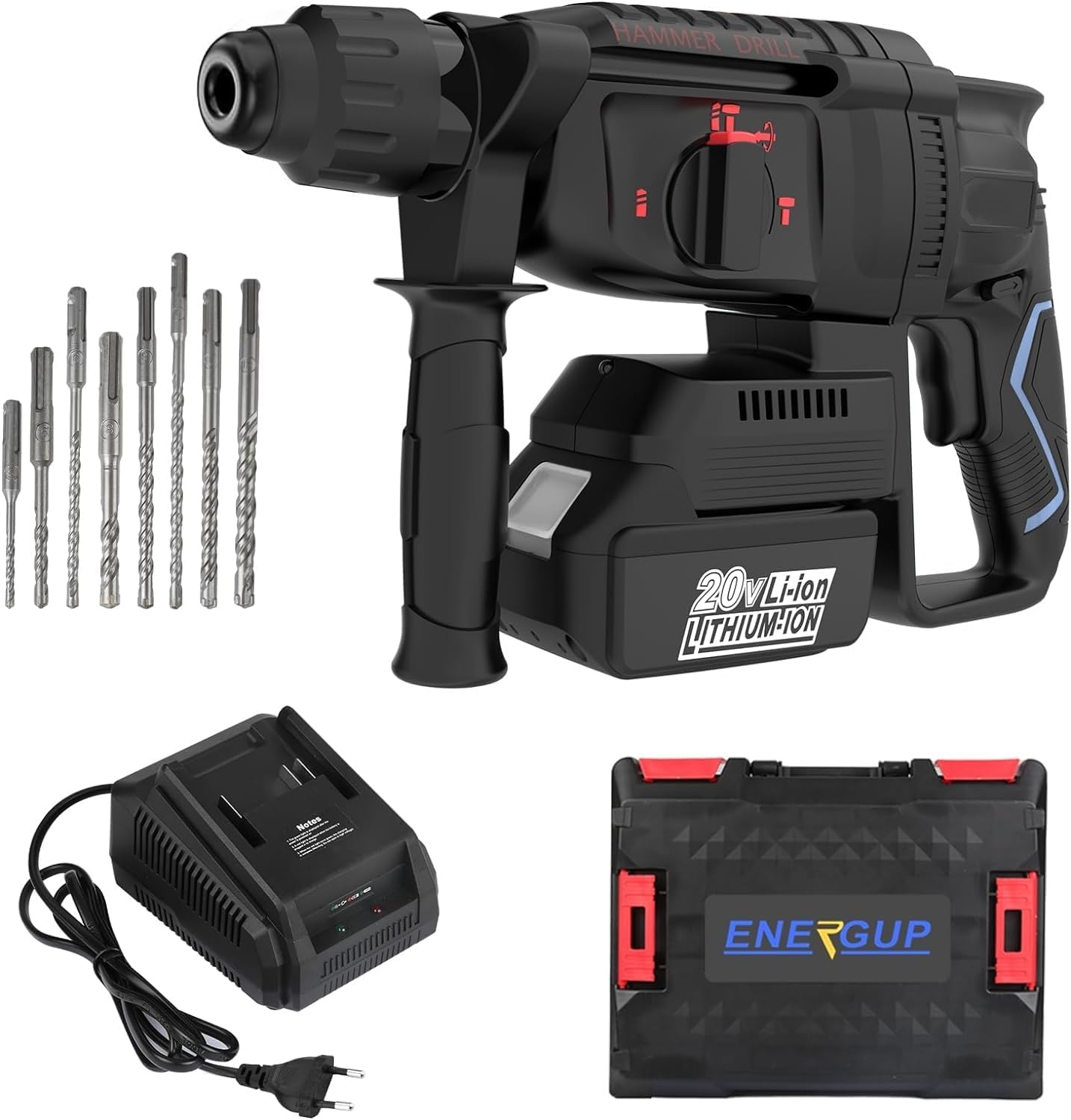 ENERGUP Akku Bohrhammer 20V,4-in-1 Funktion Bohrmaschine,SDS-plus 26mm Schlaghammer zum Bohren ...