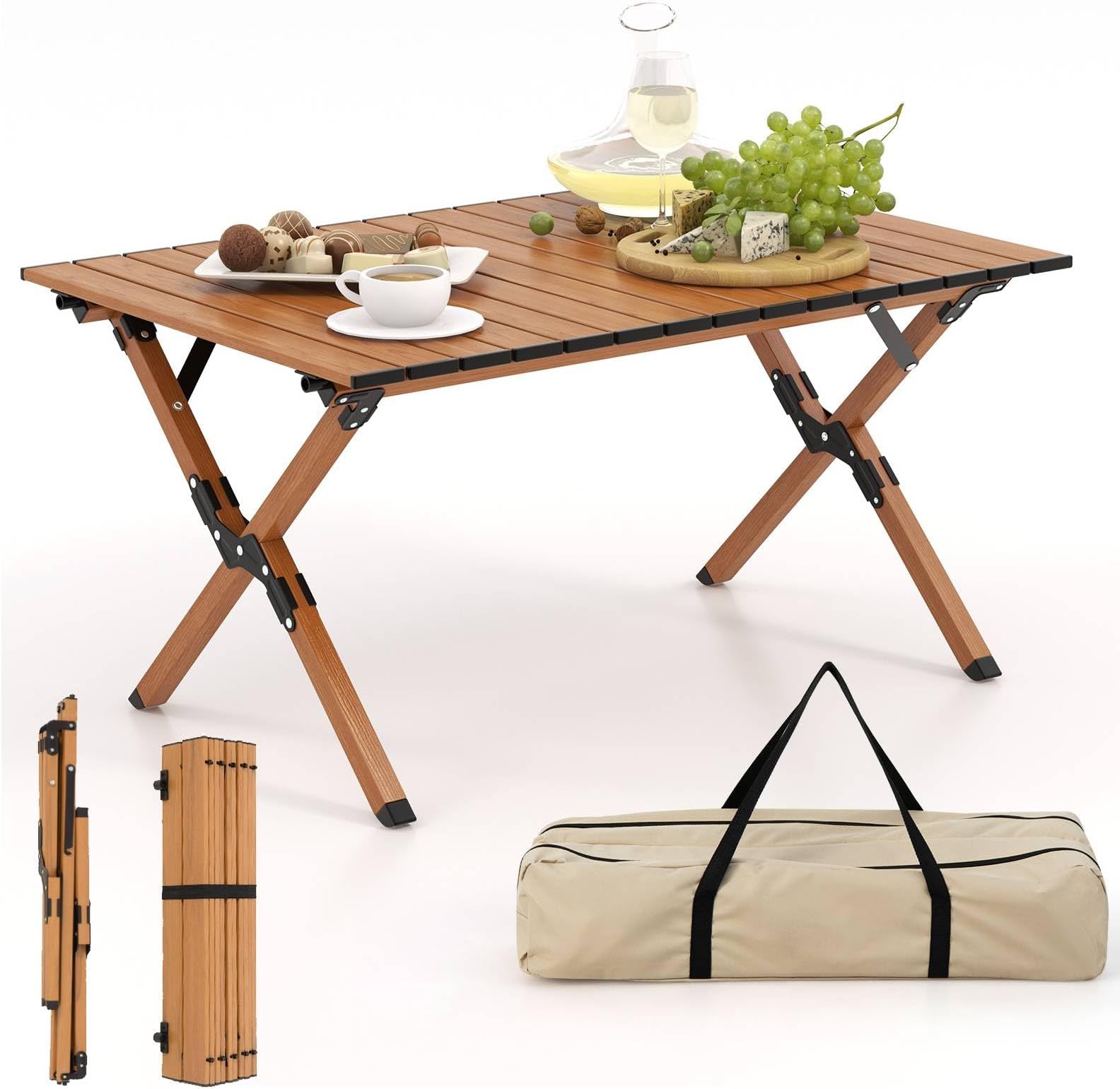 COSTWAY Folding Picnic Table, 4FT Roll Up Camping Table with Storage ...