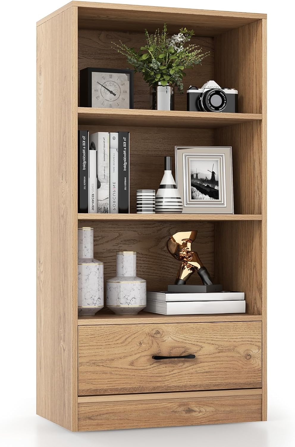 CASART Wooden Bookcase, Modern Floor Storage Cabinet with Drawer, 4 ...