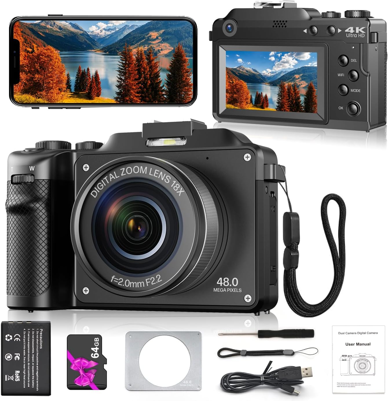 Digitai 4K Compact Camera for Photography, 48MP Vlogging Camera with Wi ...