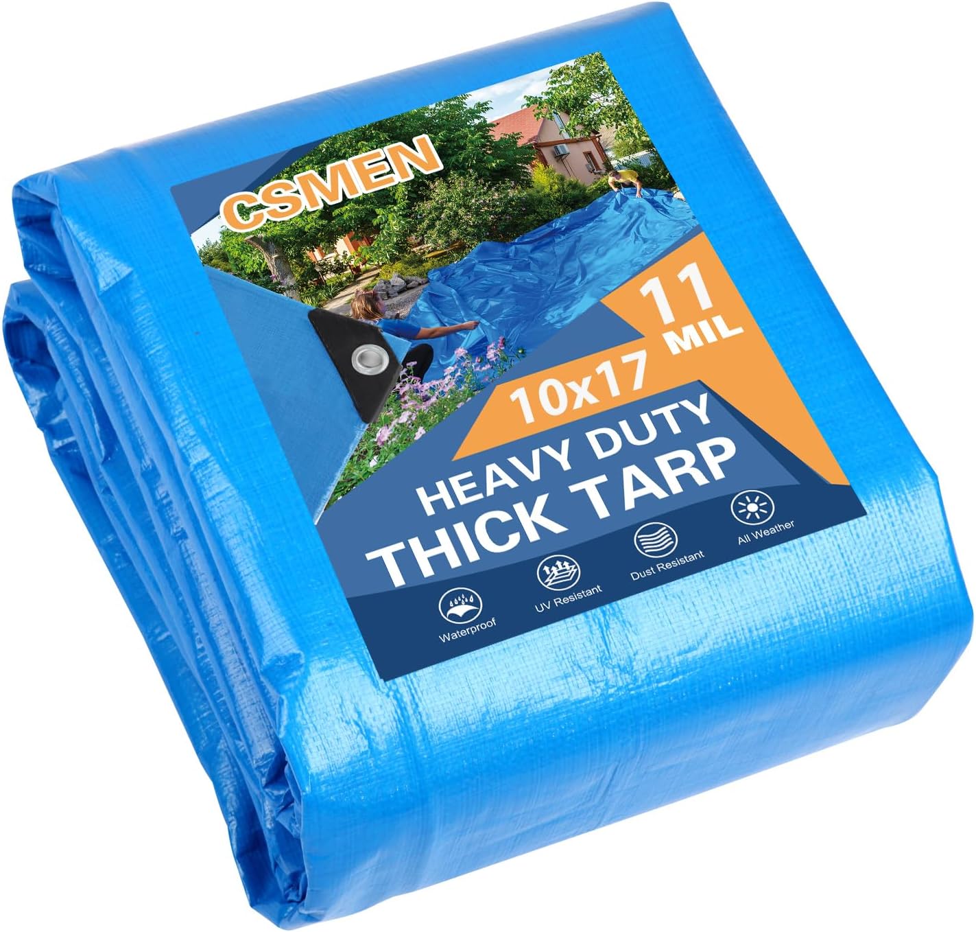 CSMEN Tarp Heay Duty Waterproof 10x17ft,Blue Tarp Cover Plastic Poly Tarpaulin for Outdoor Cover ...
