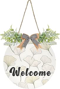 Amazon.com: Qilmy Ginkgo Leaves Round Welcome Wreath Sign Waterproof ...