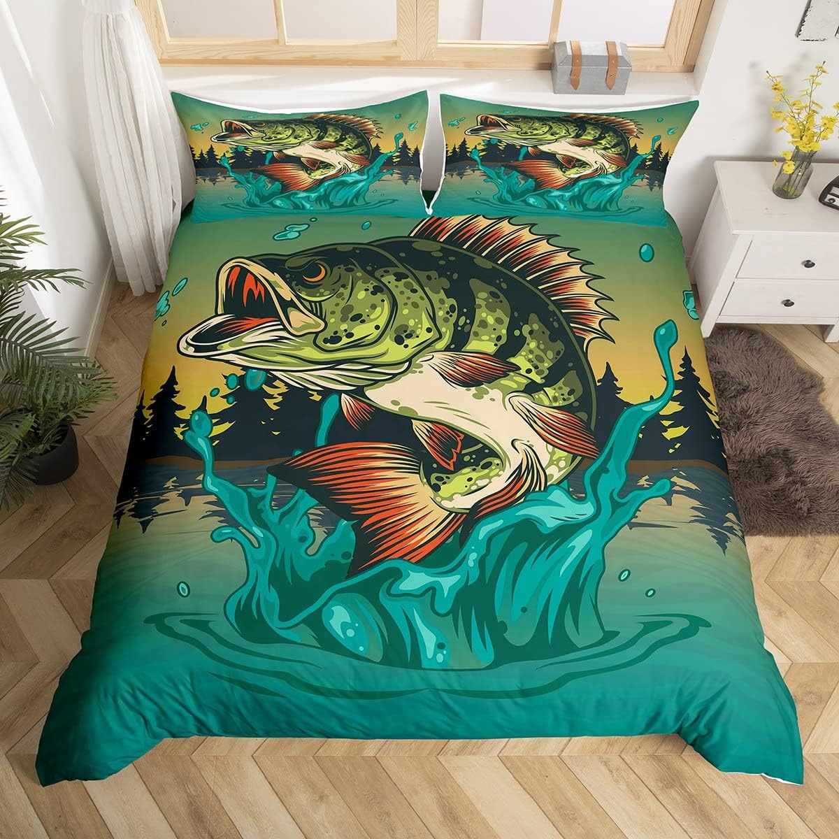 Amazon.com: Bass Fish Bedding Set Queen Size, Boys Hunting Fishing ...