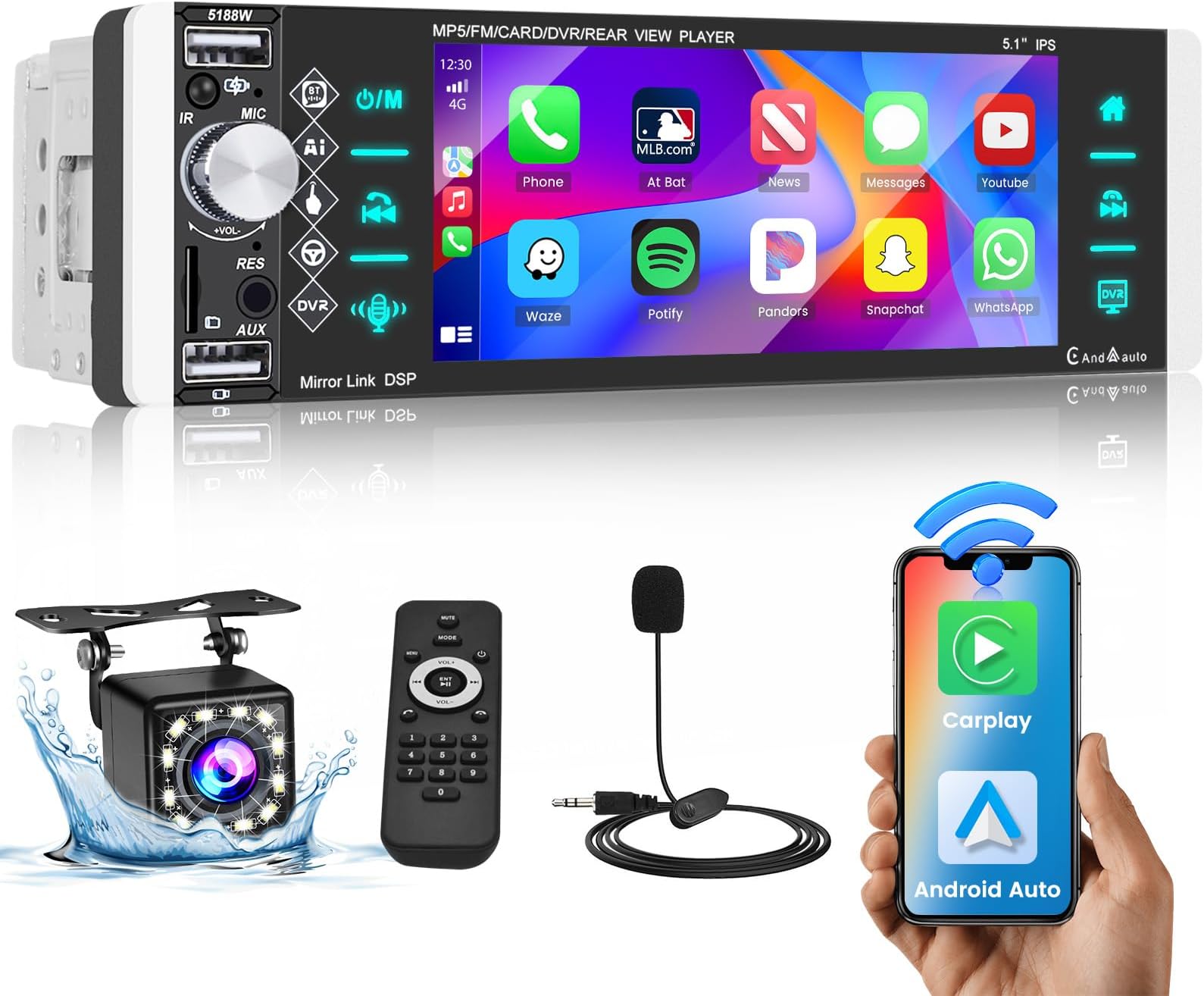 Amazon.com: Single Din Touchscreen Radio with CarPlay: Bluetooth Car ...