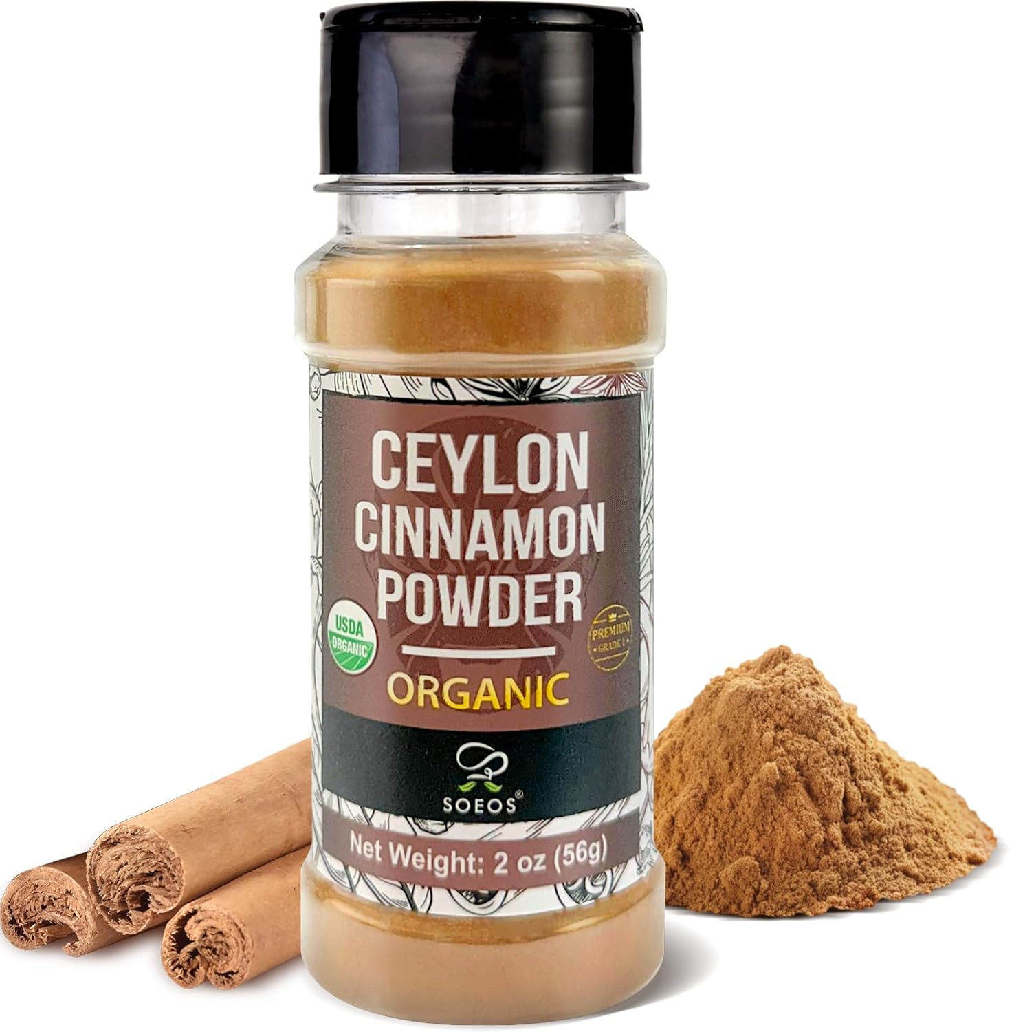 Amazon.com : Soeos Organic Ceylon Cinnamon Powder, Grade 1, 2oz (56g ...