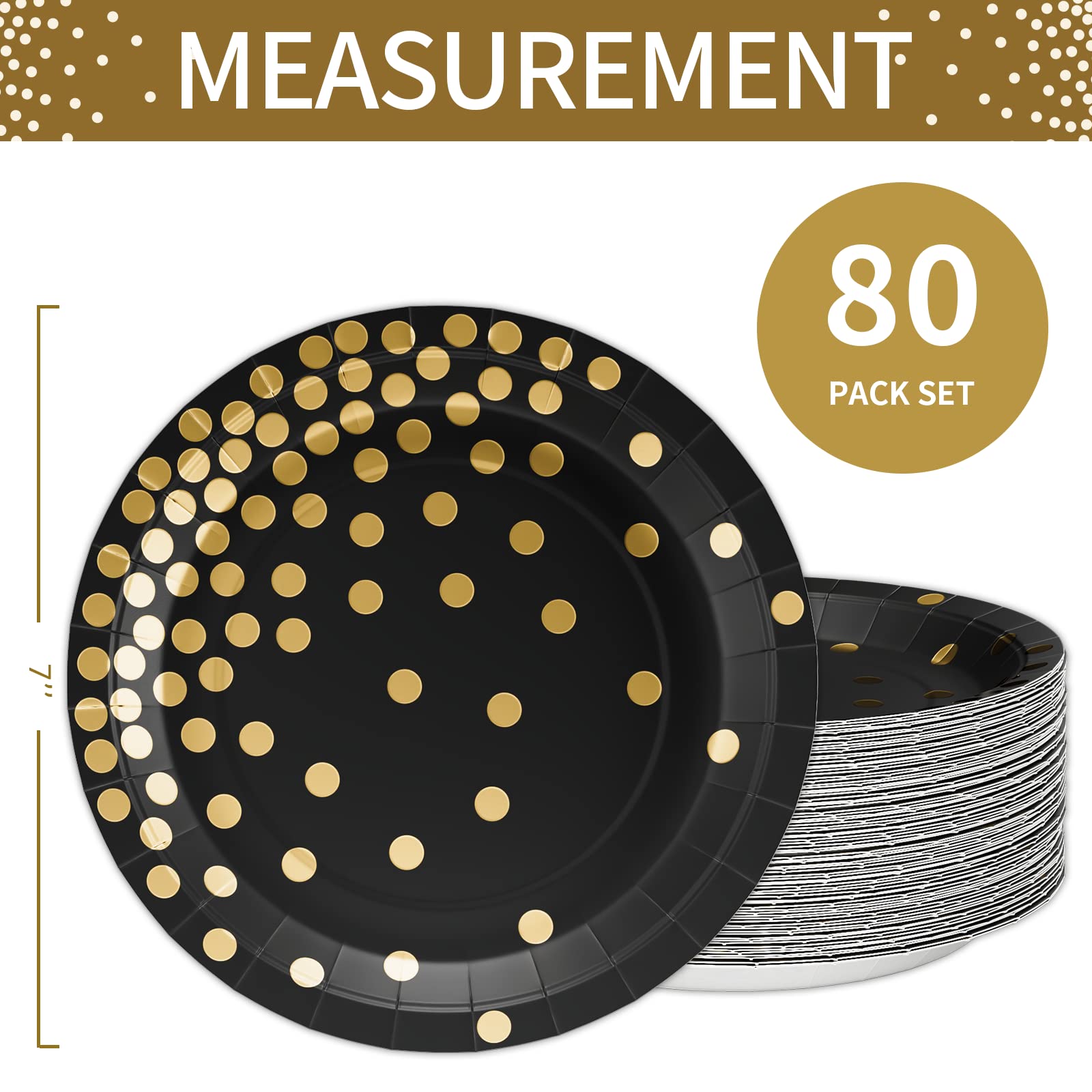 Snapklik.com : Paper Plate, 80 Pack Black And Gold Polka Dots, 7 Inch ...
