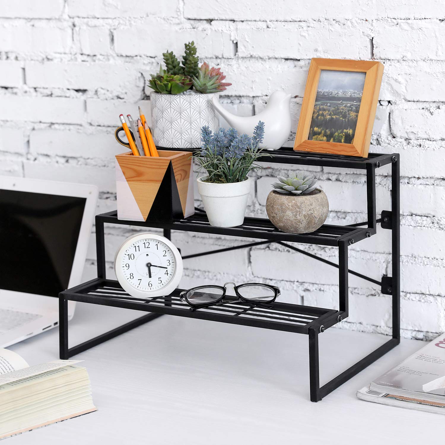 Buy MyGift 3 Tier Modern Black Metal Wire op Potted Riser Stand Stair ...