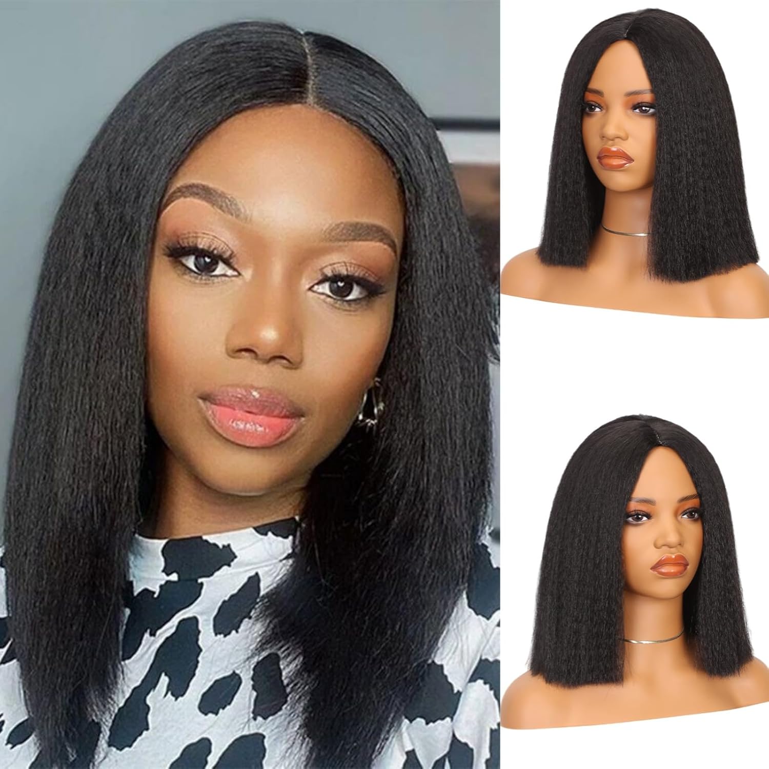 Amazon.com : Lady Miranda Kinky Straight Wig Black Bob Wig 12 Inch ...