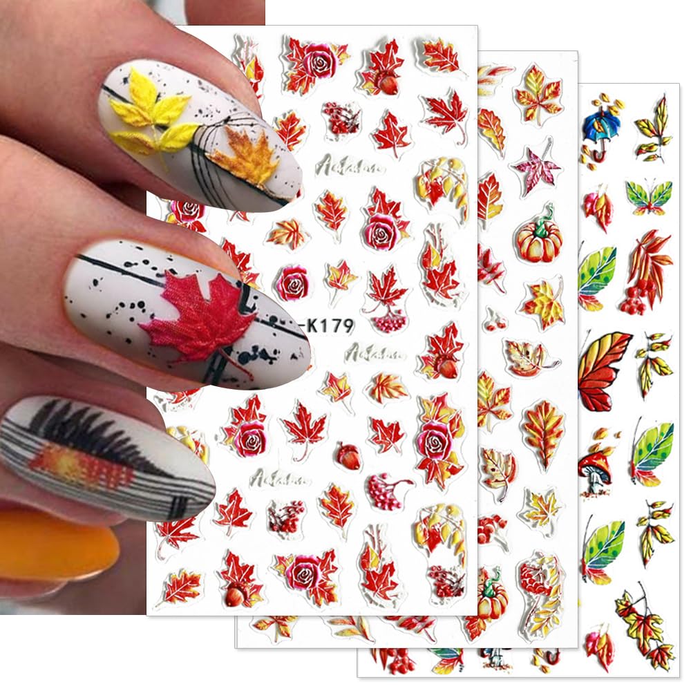 Amazon.com: Fall Nail Art Stickers Decals Realistic Embossed 5D Maple ...