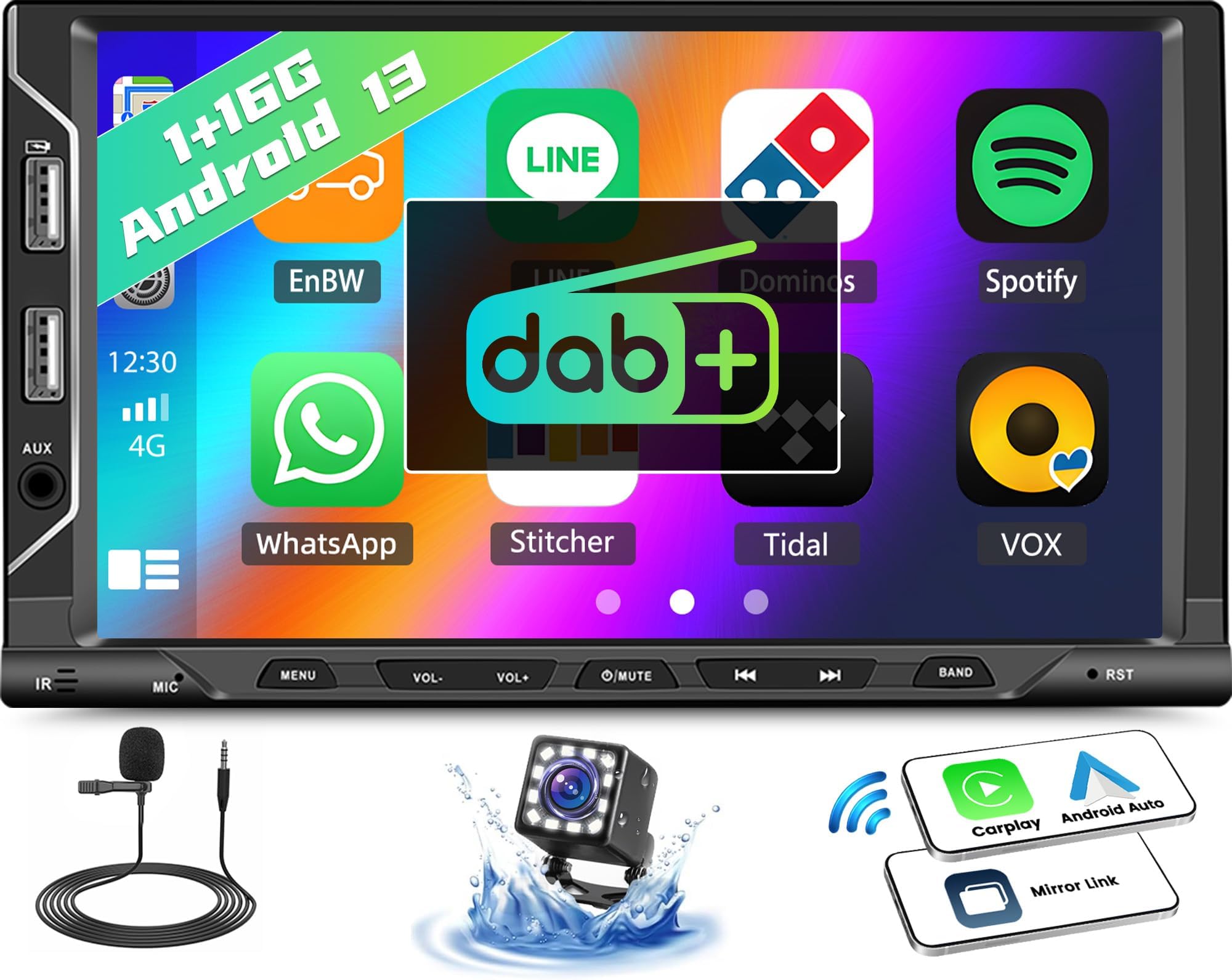 1+16G Android 13 Double Din DAB+ Car Stereo with Wireless CarPlay ...