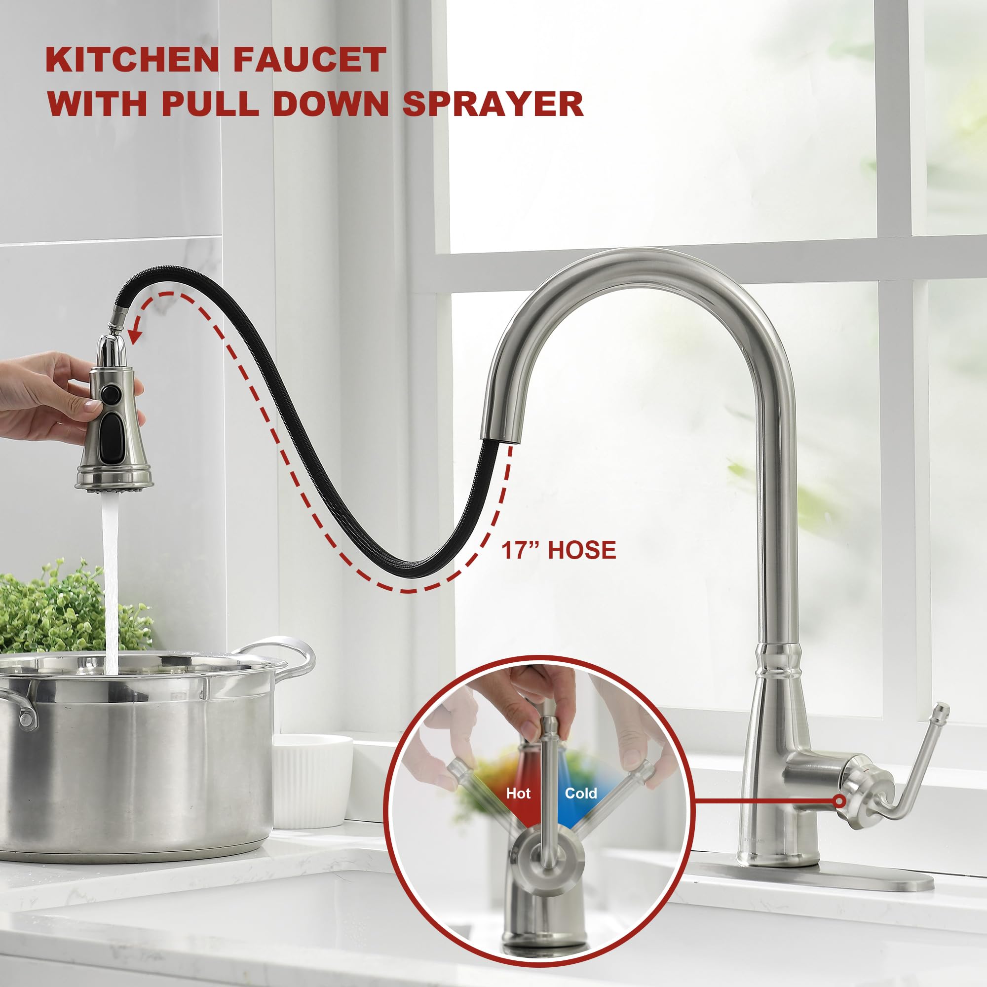 Lavatrum Brushed Nickel Antique 17 inch Kitchen Faucet with Pull Out ...