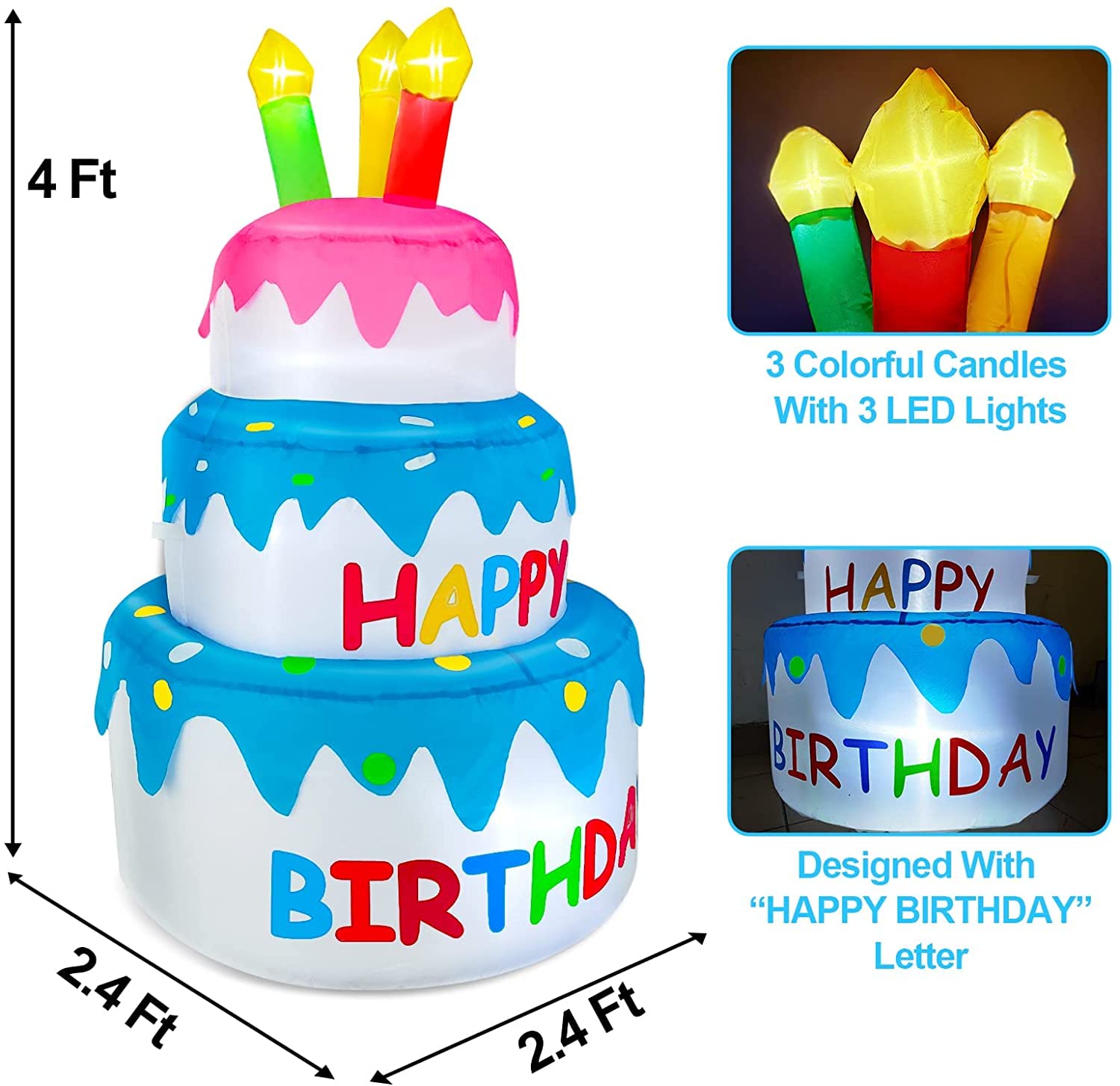 4 Ft Inflatable Happy Birthday Cake Decorations Outdoor Lighted Blow Up ...