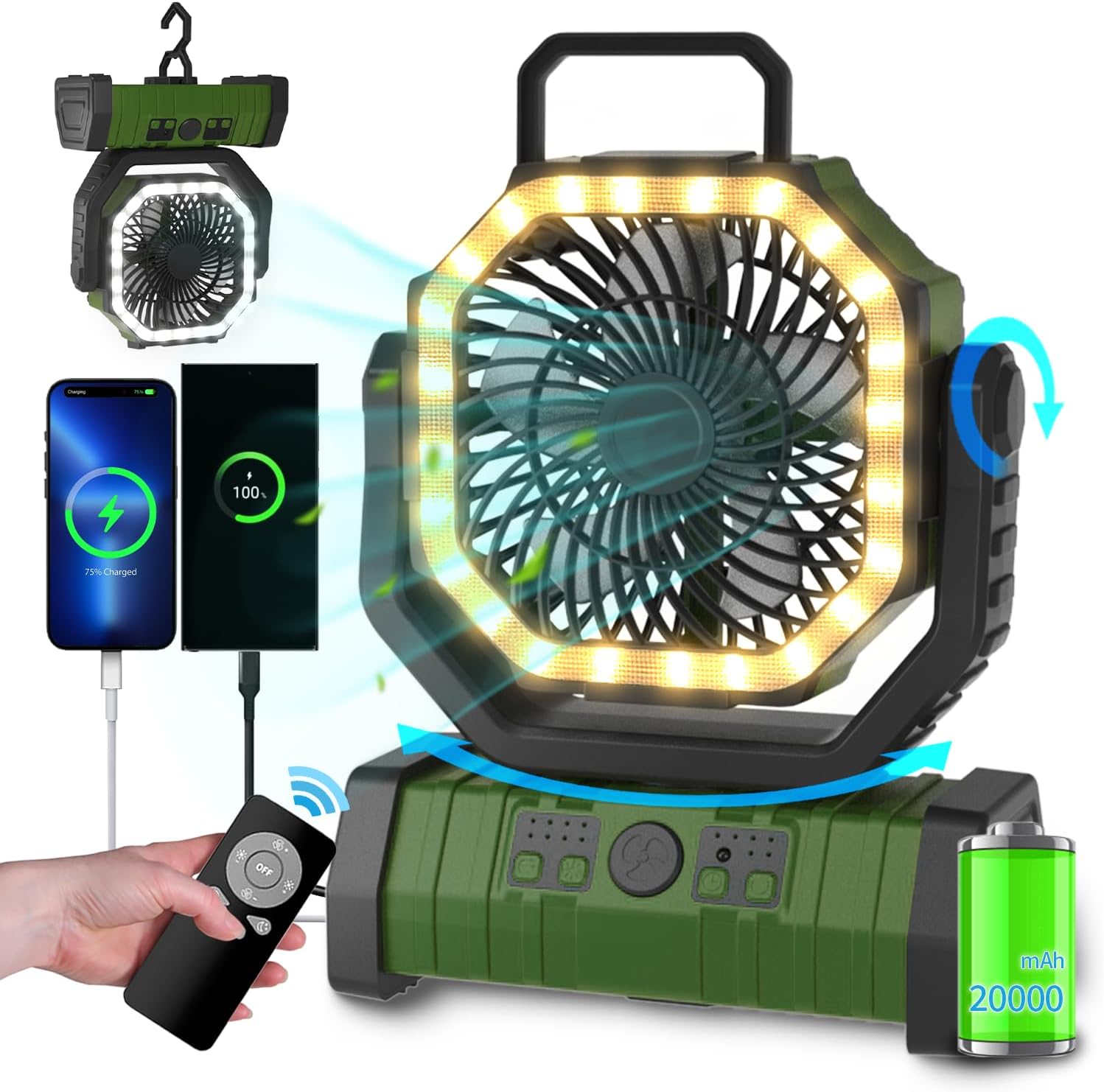 Amazon.com: ADUST Camping Battery Powered Fan with LED Light 20000mAh ...