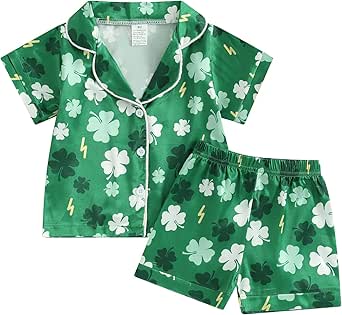 Amazon.com: Irish Toddler Girl Boy Green Satin Pajamas Luck Clover Print Button-Up Pjs 2PC Short ...