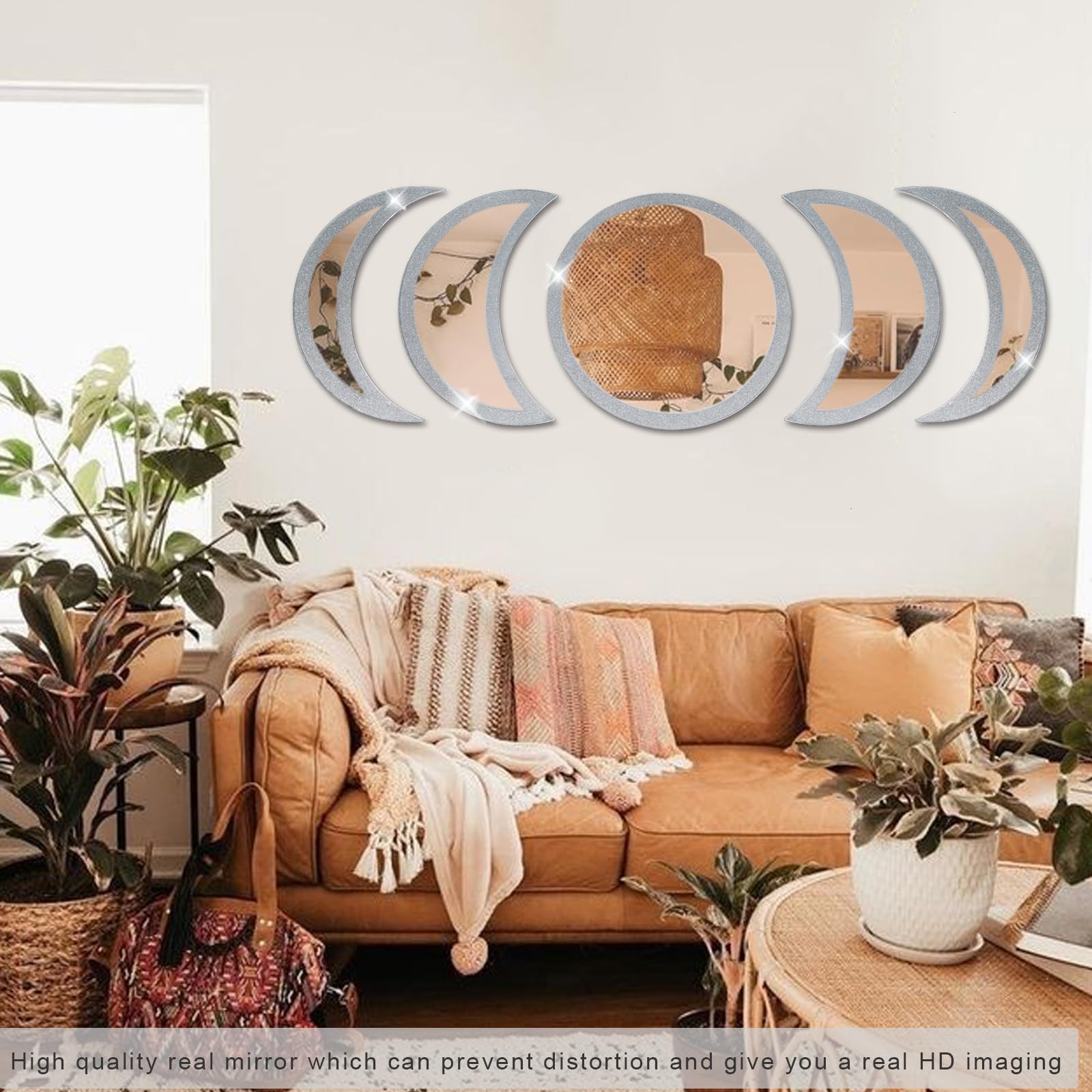 Moon Phase Mirror Set, 5pcs Moon Phase Wall Decor, Silver Bling Moon ...