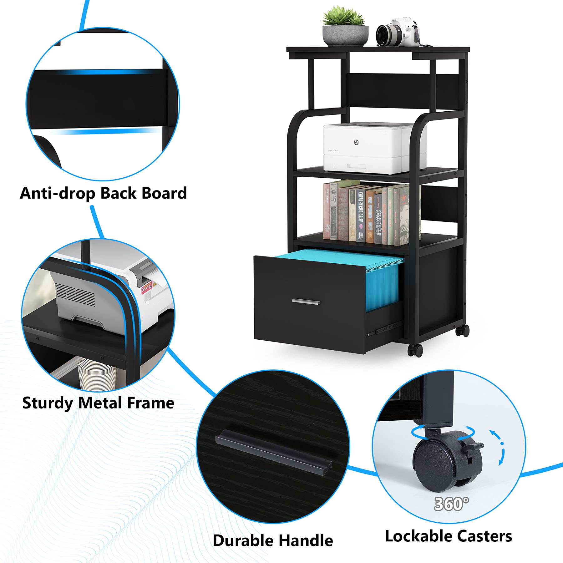 Tribesigns Mobile File Cabinet with Printer Shelf, 3 Tier Printer Stand ...