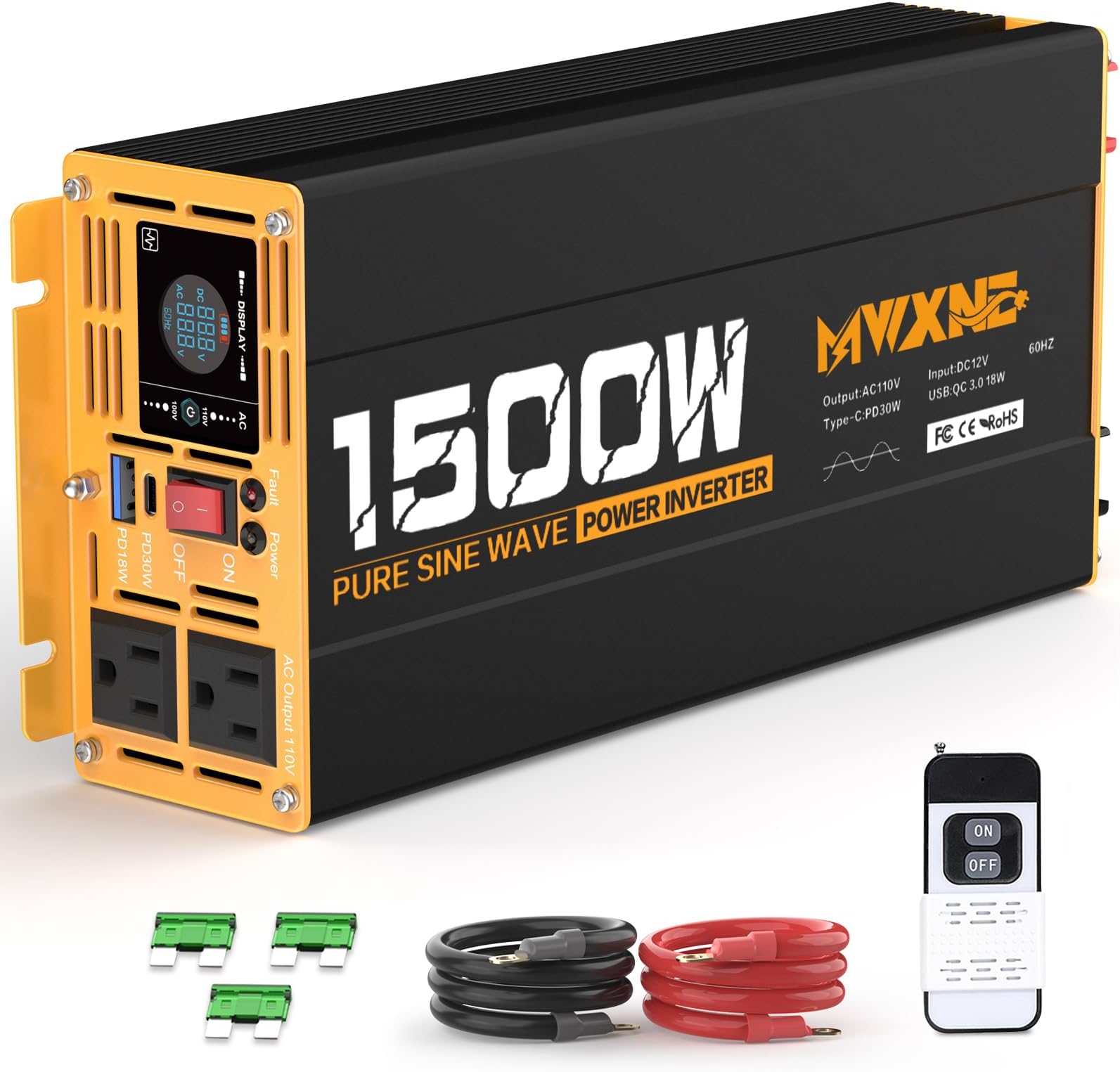 Amazon.com: 1500 Watt Pure Sine Wave Inverter 12v DC to 110v 120v AC Converter,3000W Peak Power ...