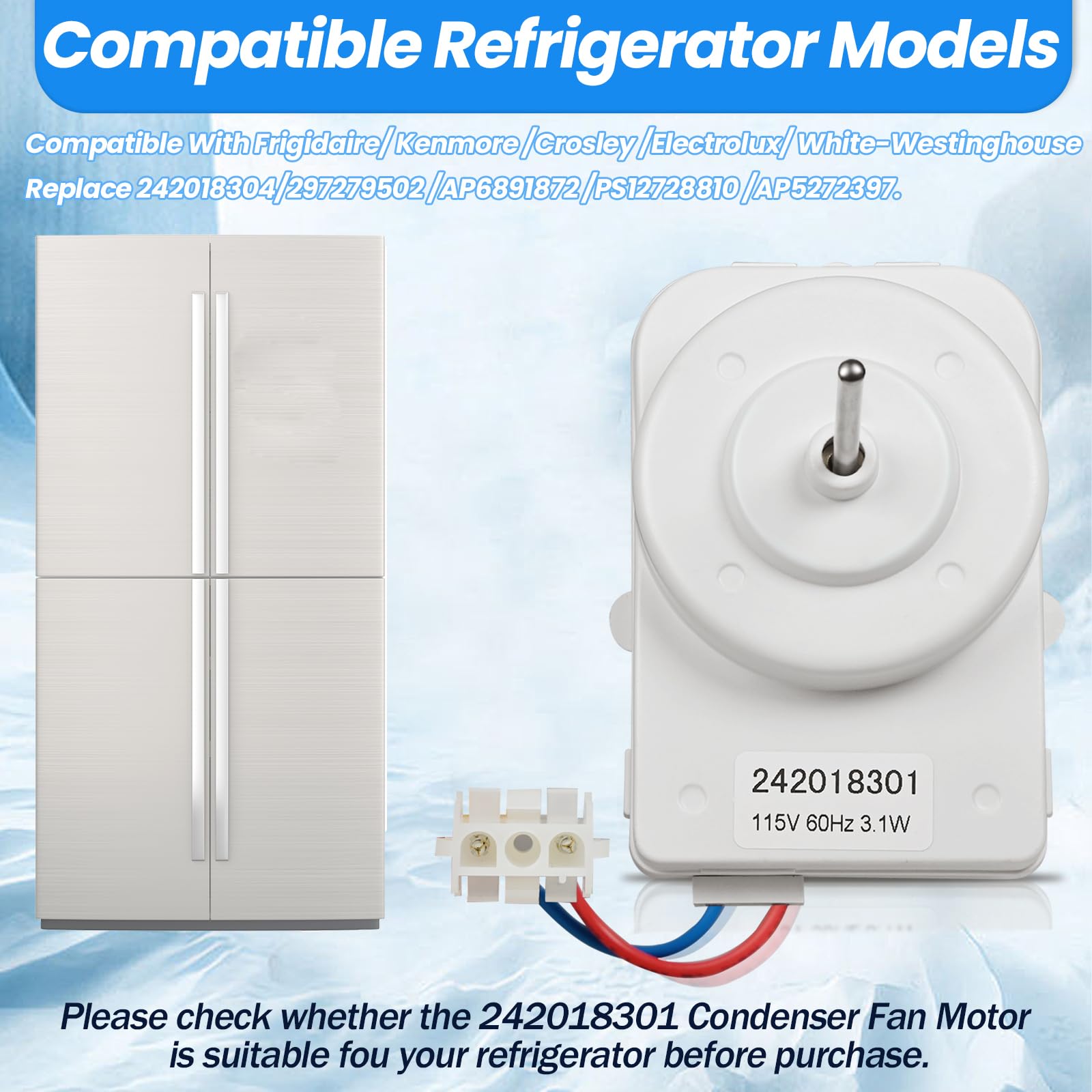 242018301 242018304 Refrigerator Condenser Fan Motor Replace 297279502 ...