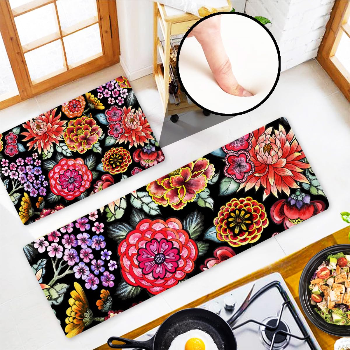 INFISIBLE Spring Boho Floral Cushioned Anti Fatigue Kitchen Floor Mats ...