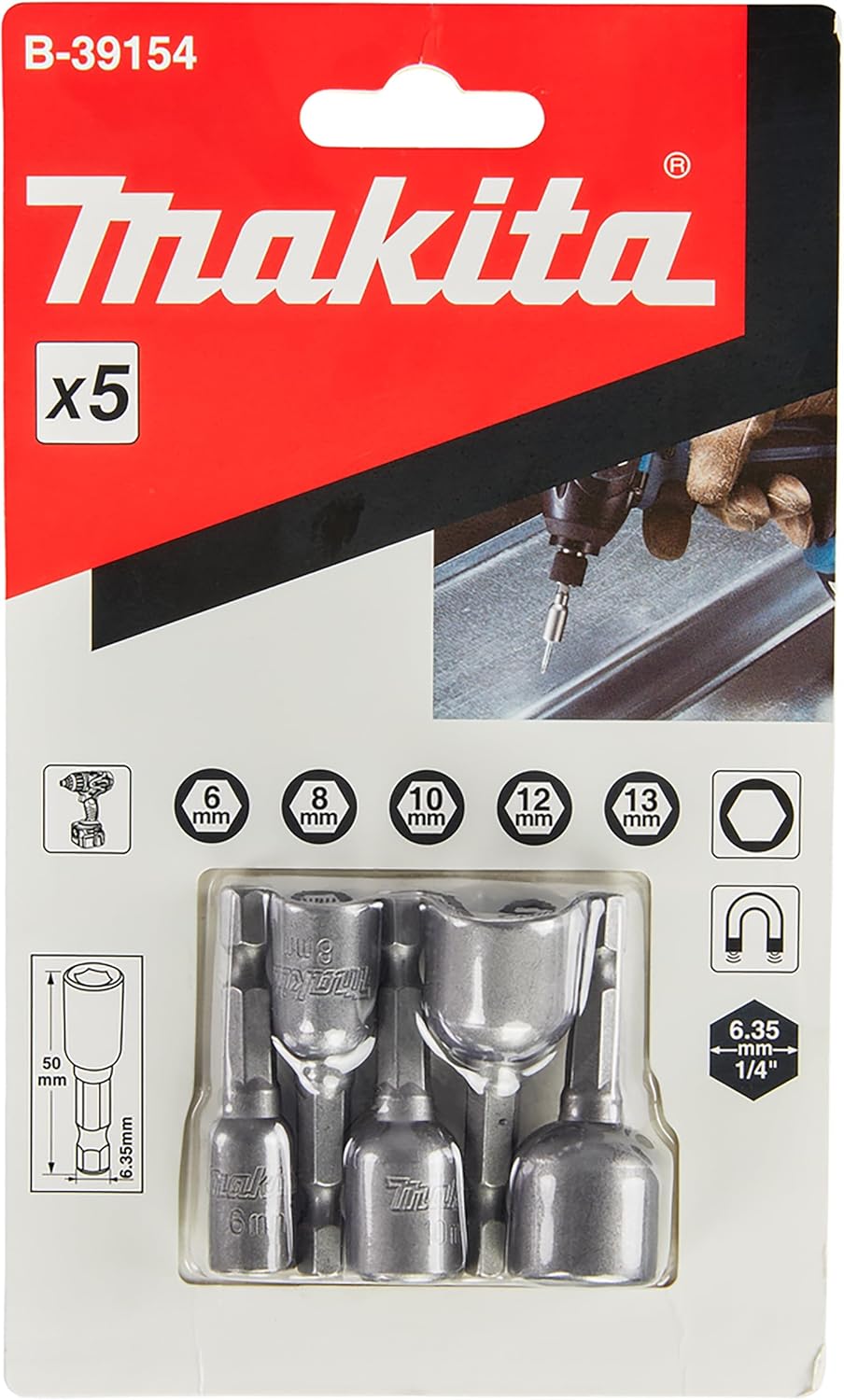 Makita B-39154 Socket Spanner Set 1/4 Inch 5-Piece SW6 - SW13 Magnetic ...