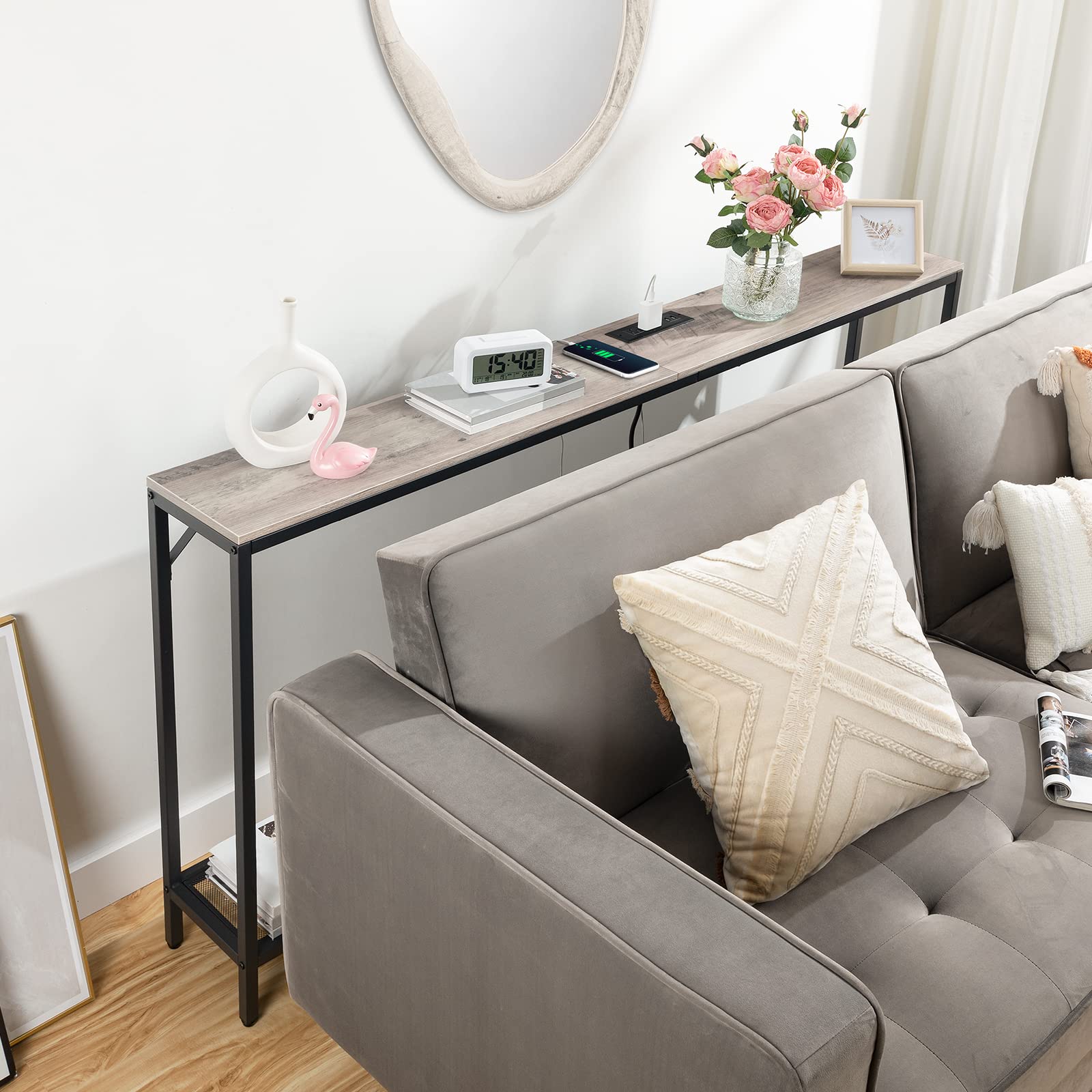 MAHANCRIS 63” Sofa Table with Power Outlets, 2-Tier Console Table with ...