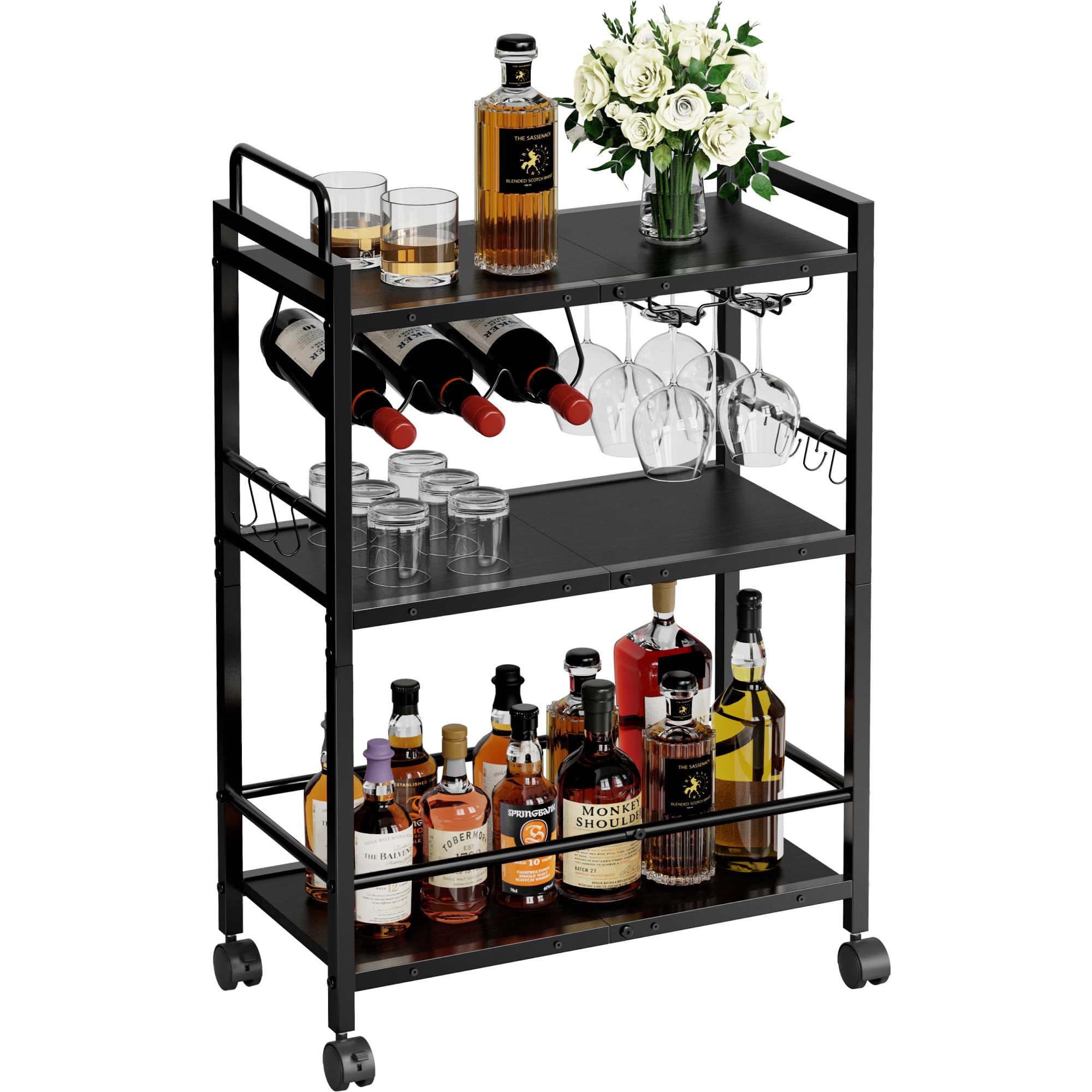 3 Tier Mobile Beverage Cart 3-Tier Rolling Bar Cart With LED Lights ...