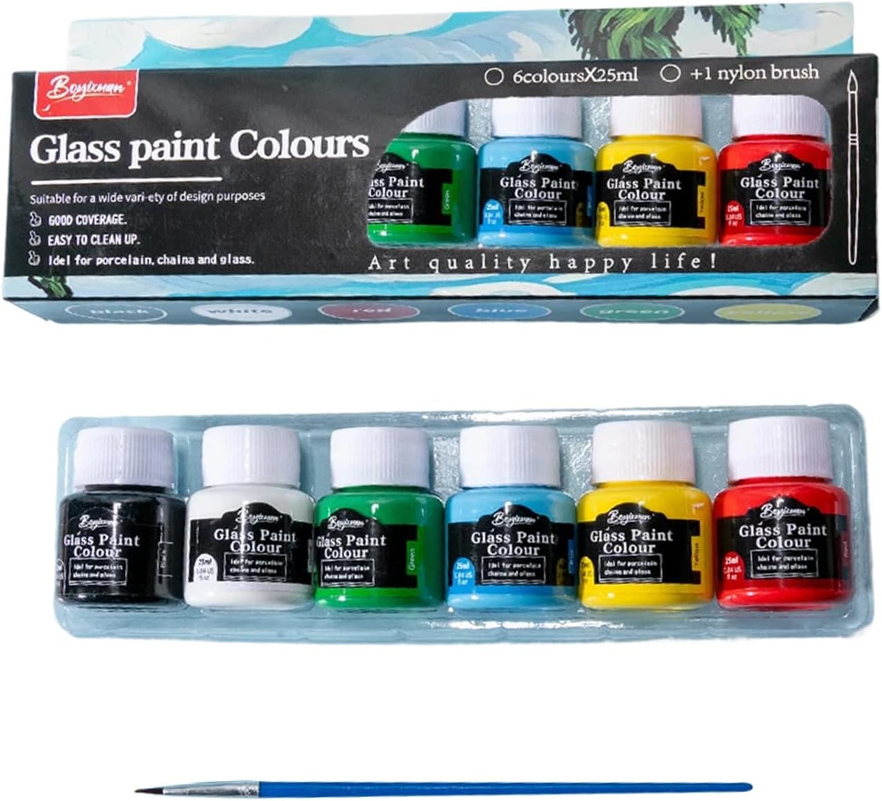 Glass Paint Kit - 6 Colors with Paint Pen, 25ml Non-toxic for Ceramic ...