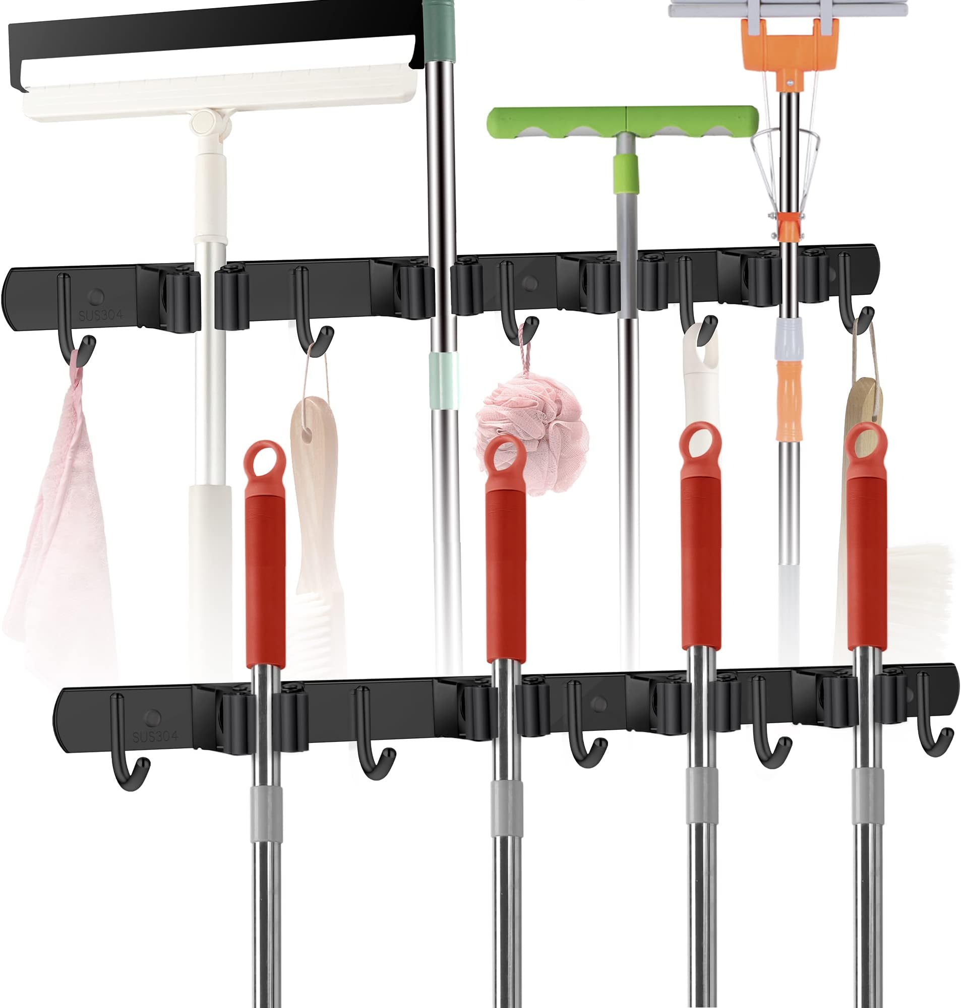 Amazon.com: Mop and Broom Holder Wall Mount,3 Racks 4 Hooks Solid Wood ...