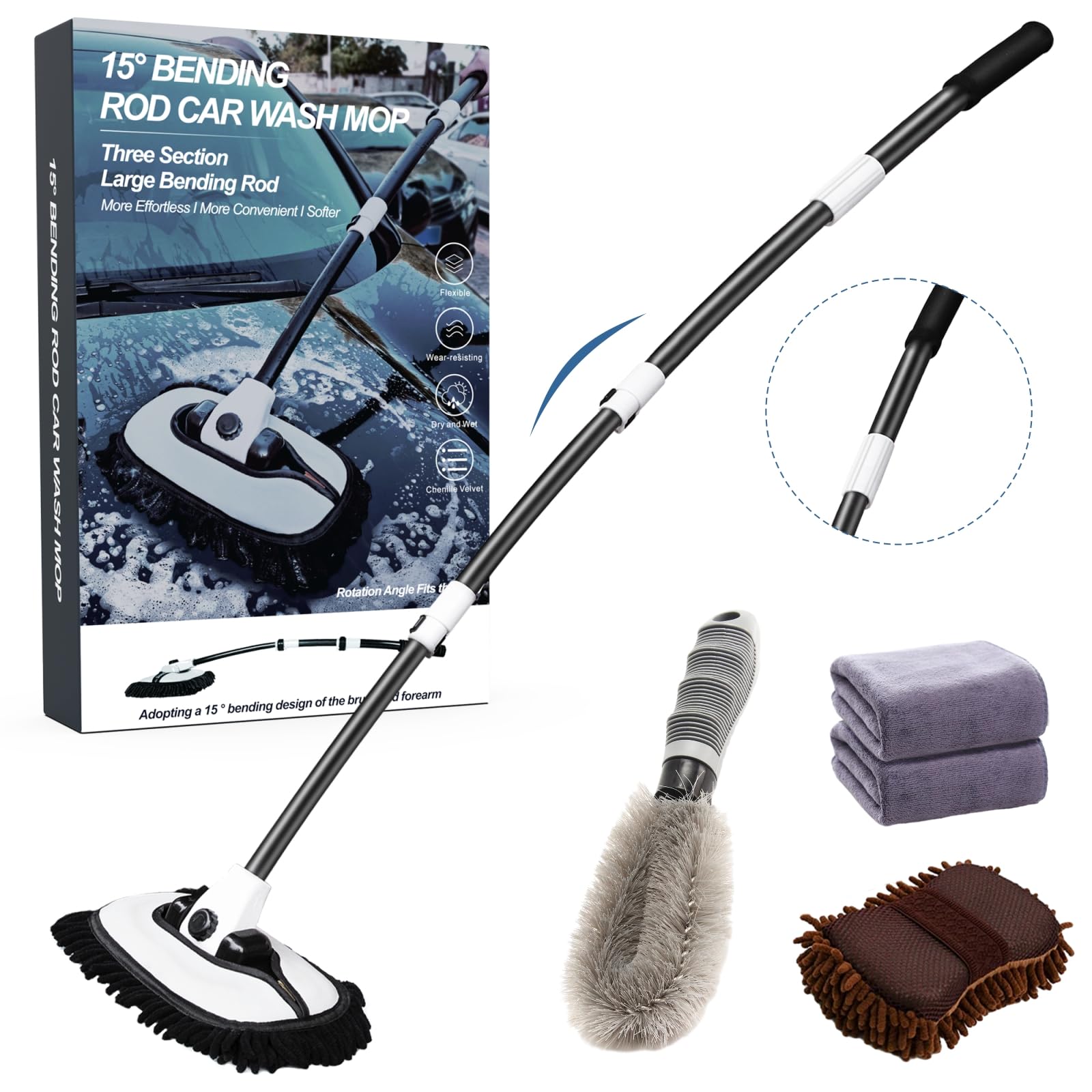 AILUROPODA Car Wash Mop, 15° Bending Car Wash Brush 3 Section ...