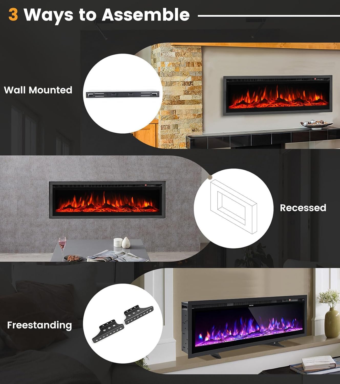 Wall Mount Electric Fireplace Heater 40 Inch LED Electric Fireplace