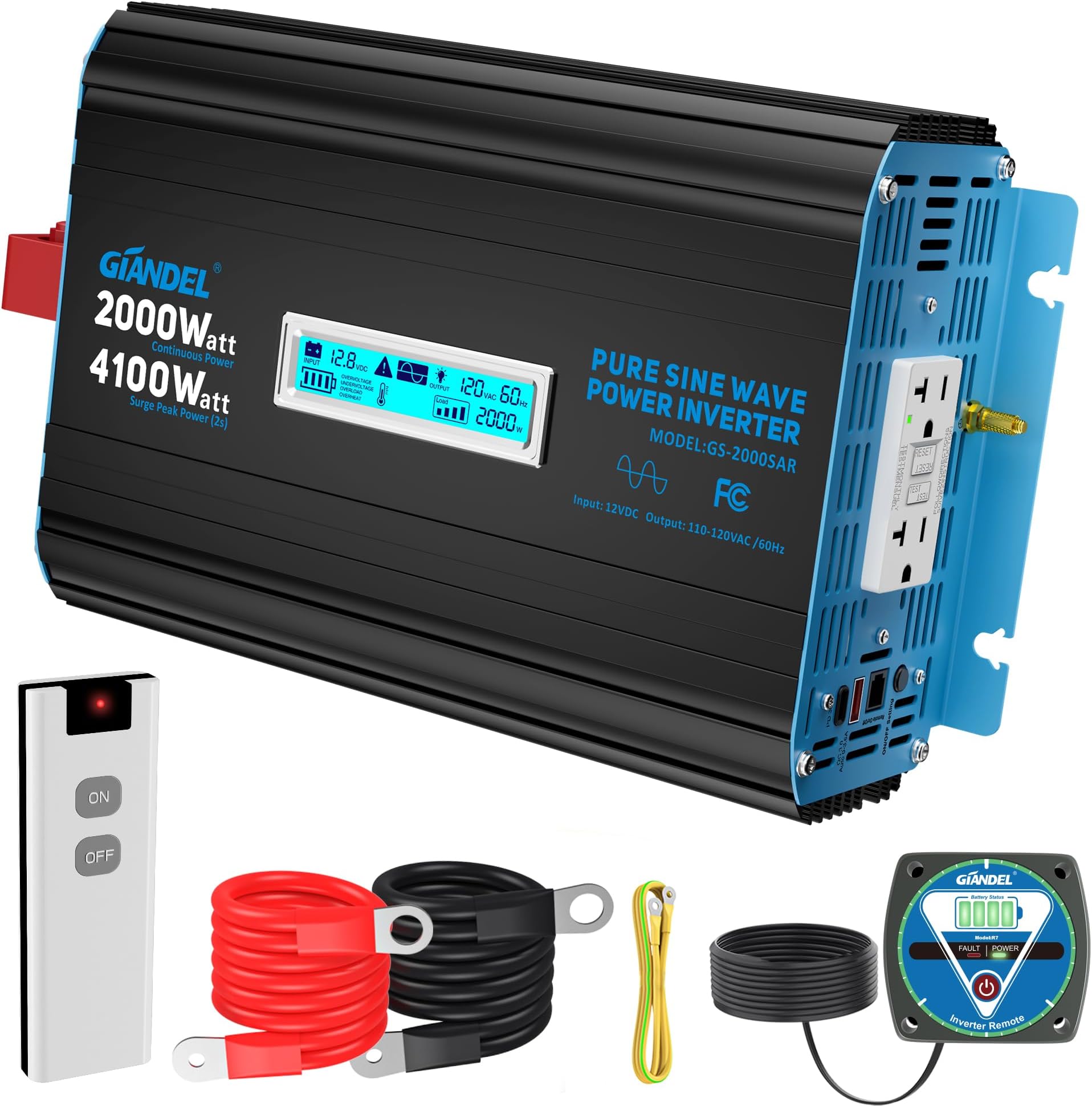 Amazon.com: 2000 Watt Pure Sine Wave Inverter 12V to 110V 120V AC 4100W ...